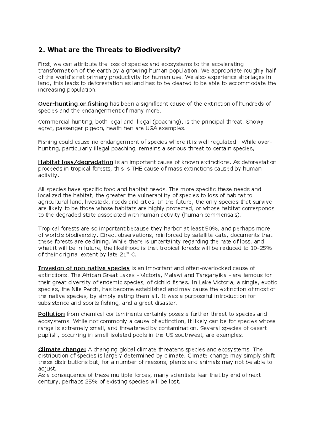 Biodiversity - Lecture notes 20 - 2. What are the Threats to ...