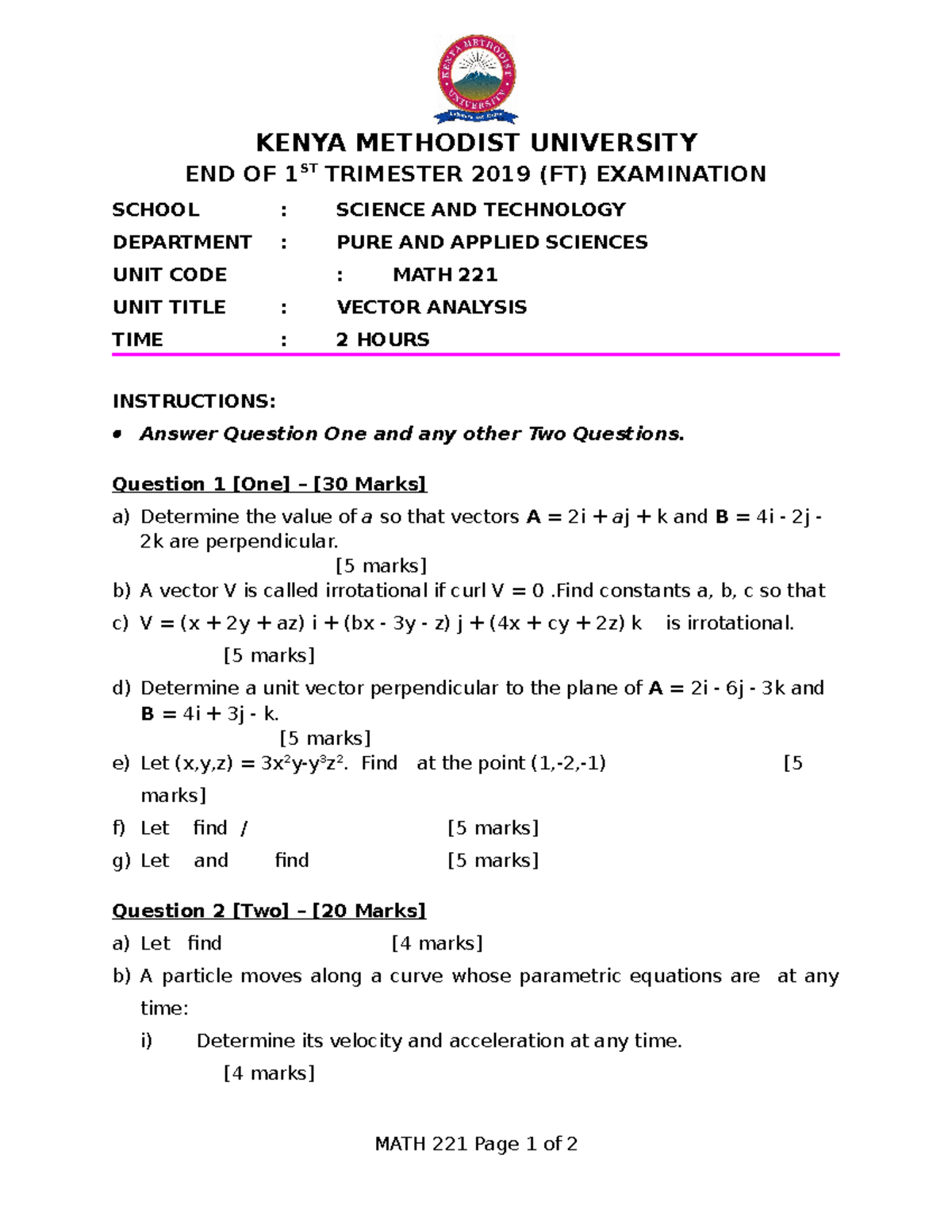 Vector Analysis (MATH 221) 1st trimester 2019 - KENYA METHODIST UNIVERSITY END OF 1ST TRIMESTER ...