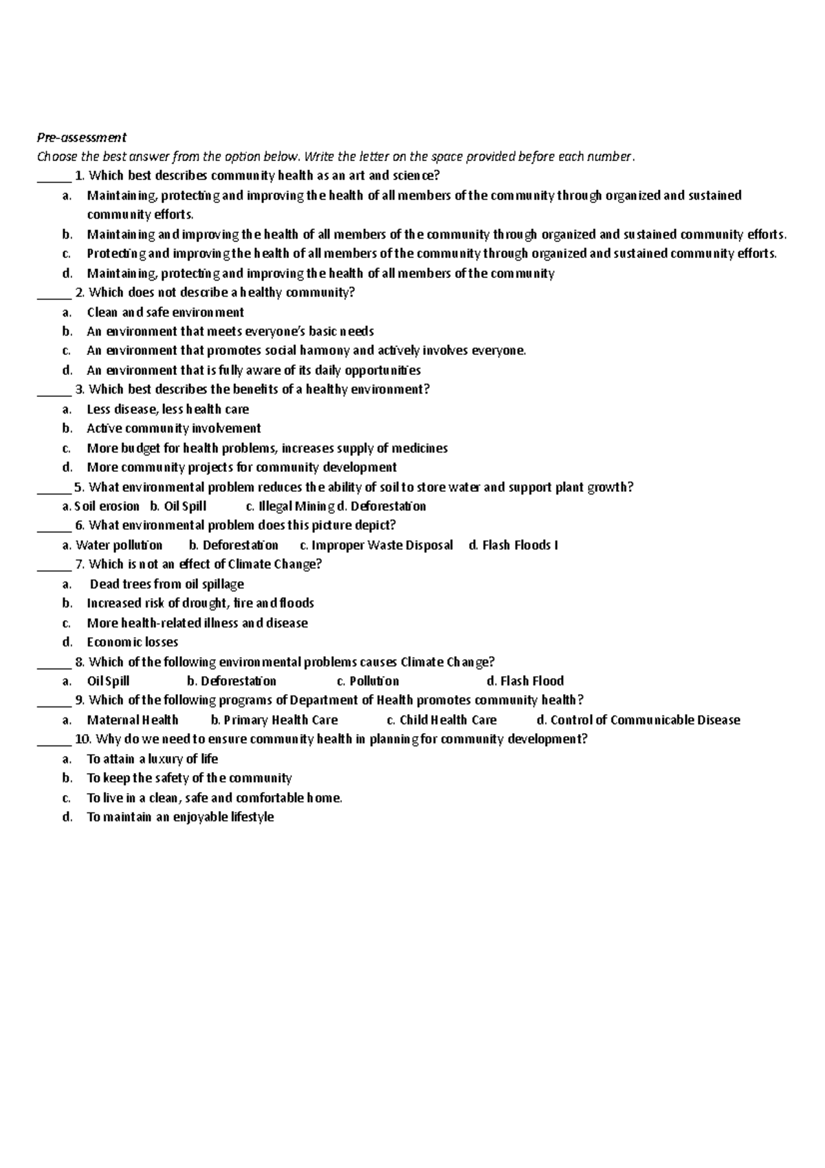 Community health summative and module - Pre-assessment Choose the best ...