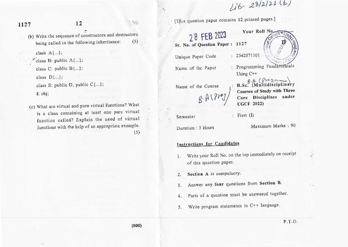 previous year paper - BA 501 - Studocu