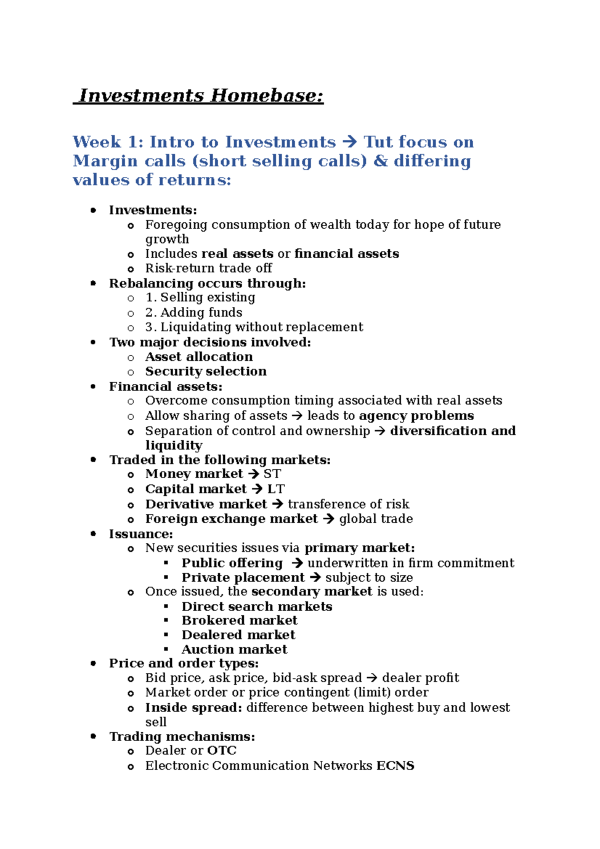Investments - Investment Lecture notes - Investments Homebase: Week 1 ...
