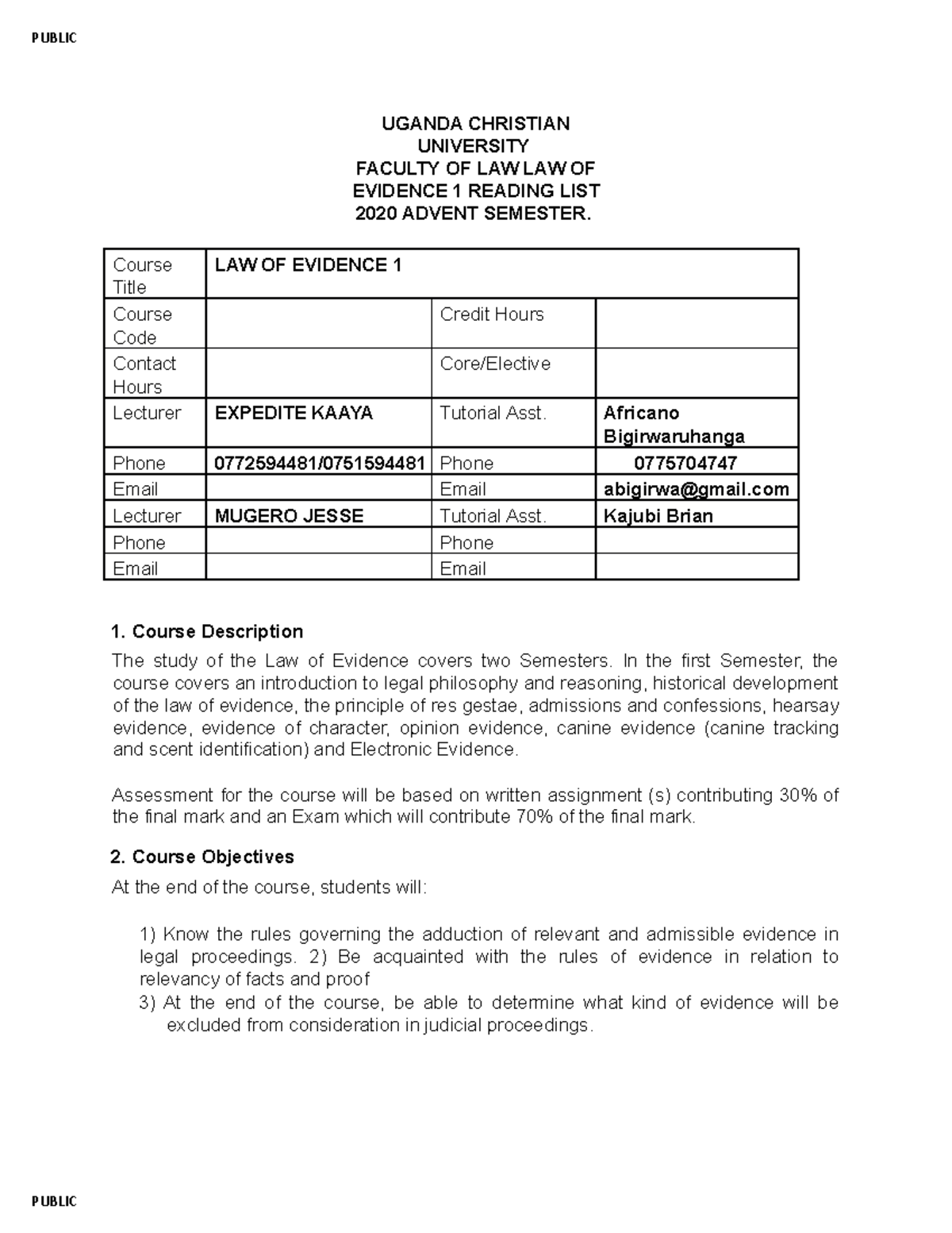 Evidence 1 Reading LIST 2020 Advent Semester - Copy - UGANDA CHRISTIAN ...