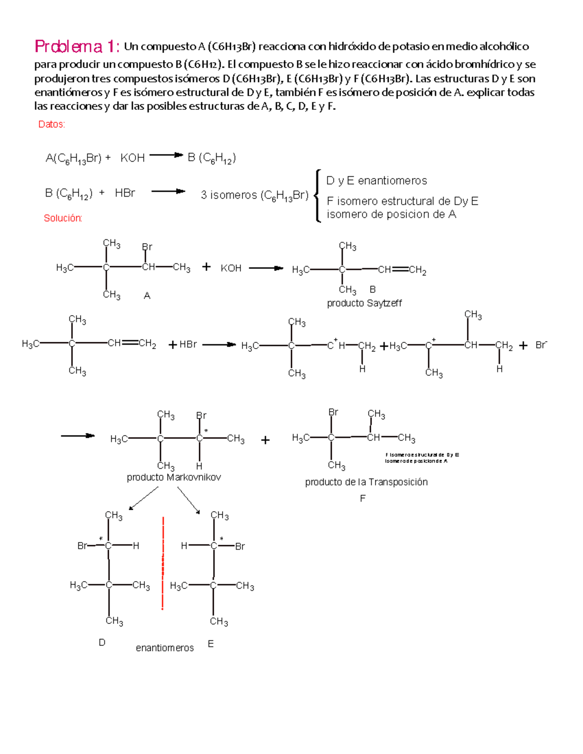 Miscelanea de ejercicios alquenos y estereoquimica - Problema 1: Un compuesto A (C6H13Br ...