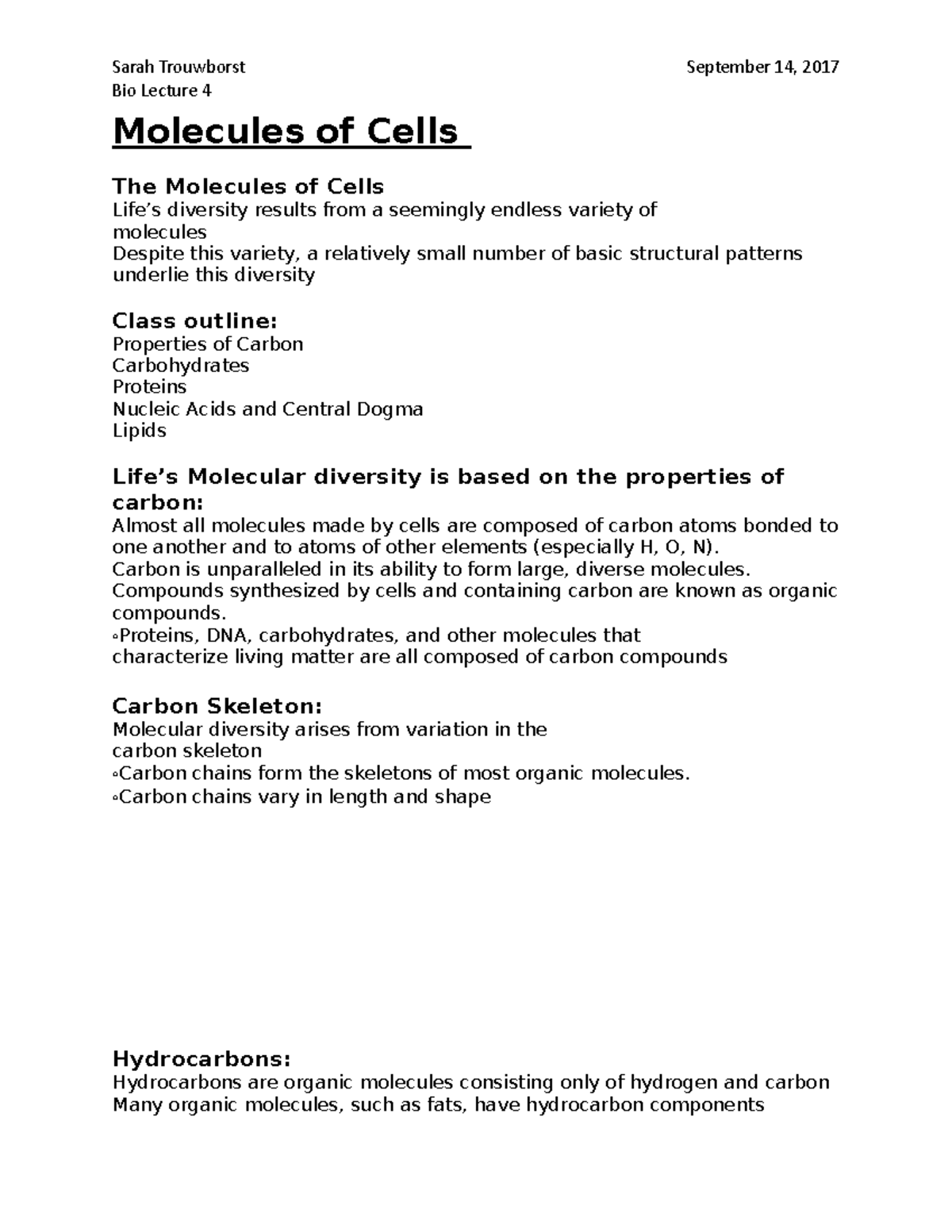 Bio Lecture 4 - Molecules of cells - Bio Lecture 4 Molecules of Cells ...