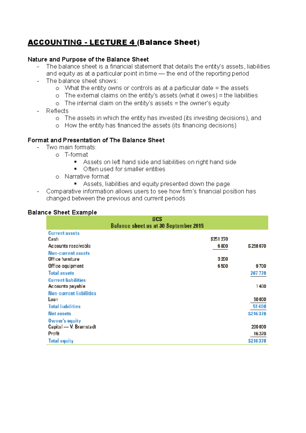 Lecture 4 - Accounting - ACCOUNTING - LECTURE 4 (Balance Sheet) Nature ...
