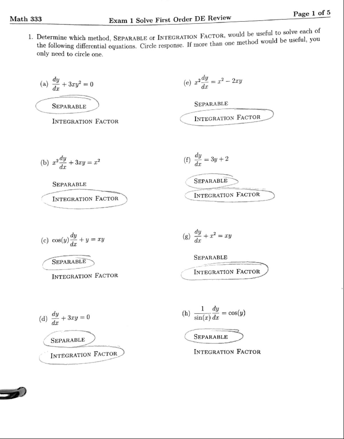 Exam 1 Solve First Order DE Review - Determine which method, SEPARABLE ...