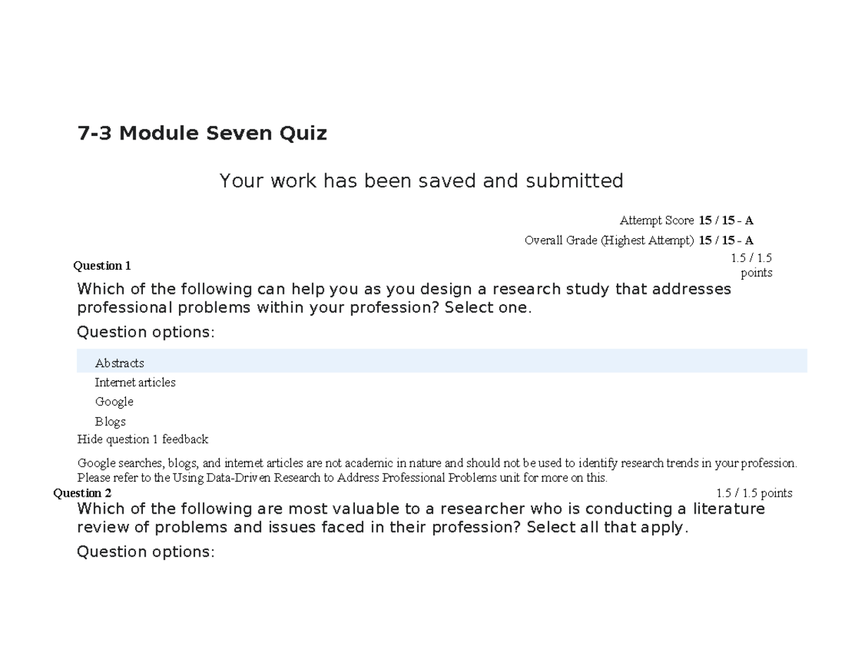 7-3 Module Seven Quiz - 7-3 Module Seven Quiz Your work has been saved ...