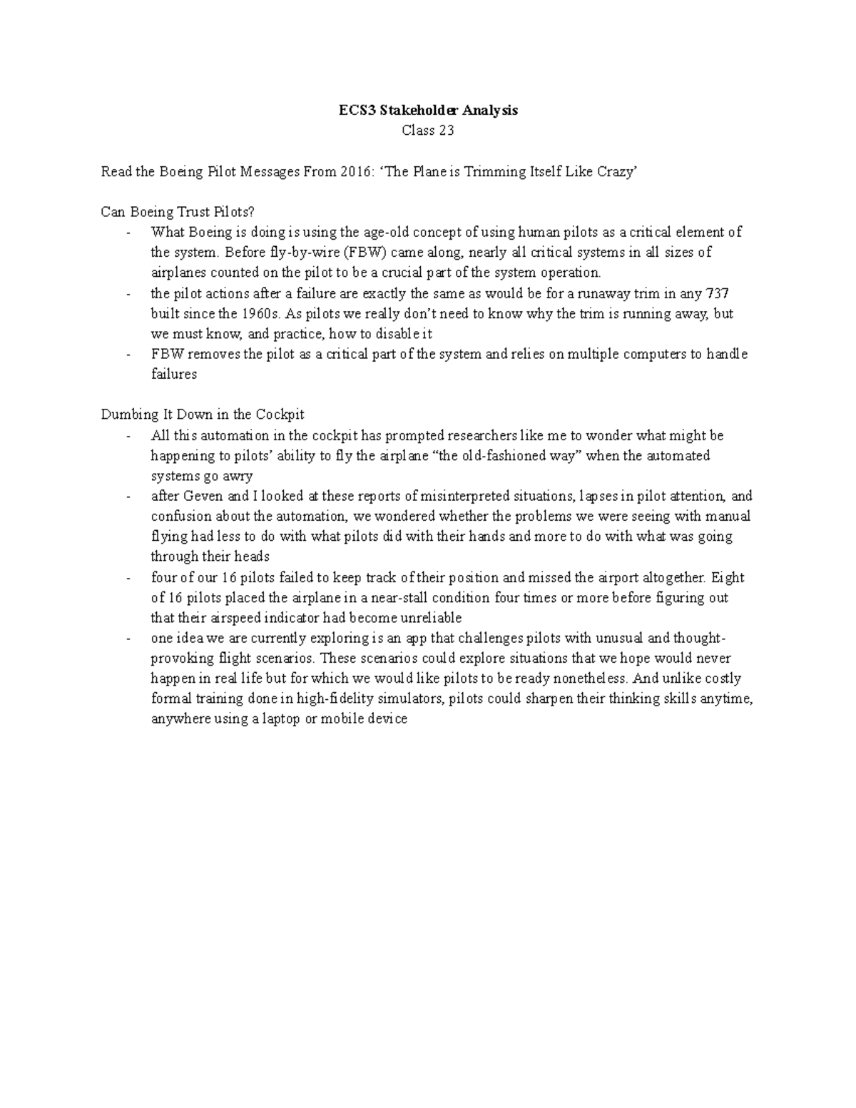 (23) Pilots - ECS3 Stakeholder Analysis Class 23 Read the Boeing Pilot ...