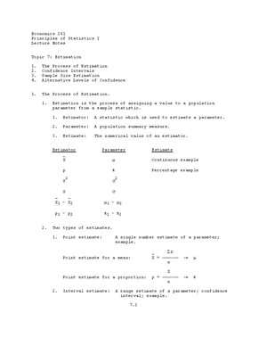 Lecture notes - Estimation, estimation - Economics 261 Principles of ...