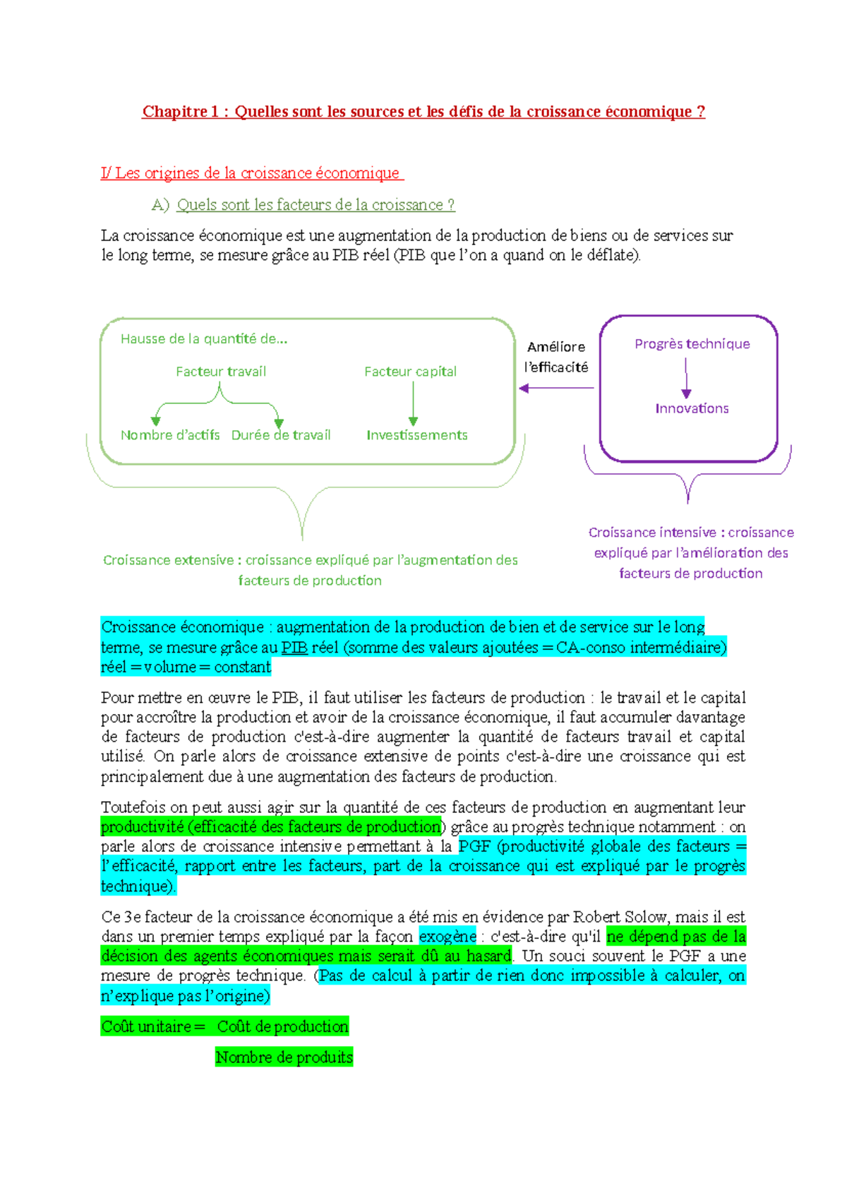 Chapitre 1 cours - Chapitre 1 : Quelles sont les sources et les défis de la croissance ...