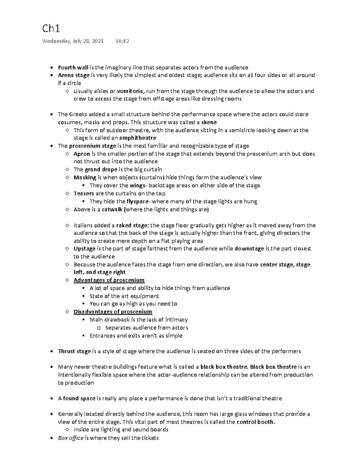 Ch. 1 Notes - Theatre Ch. 1 Vocabulary - ͻ - Studocu