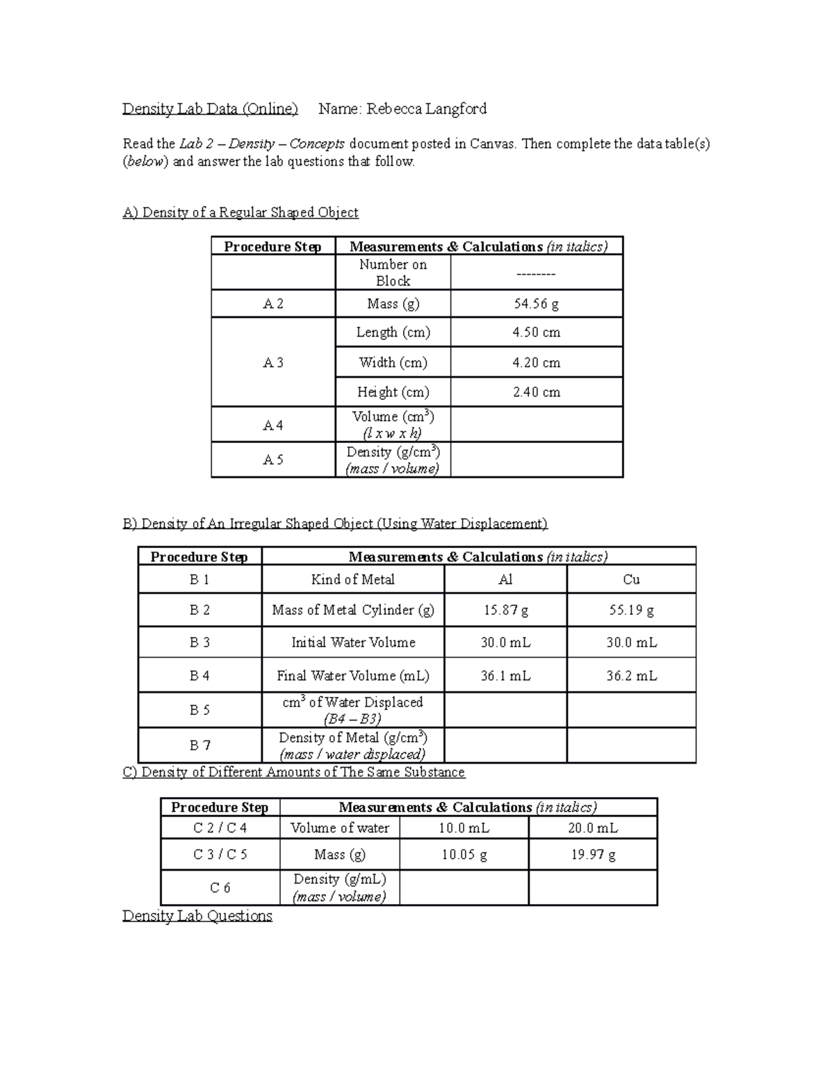 Lab 2 - Density - OL Lab Report - CHEM 1314 - OK State - Studocu
