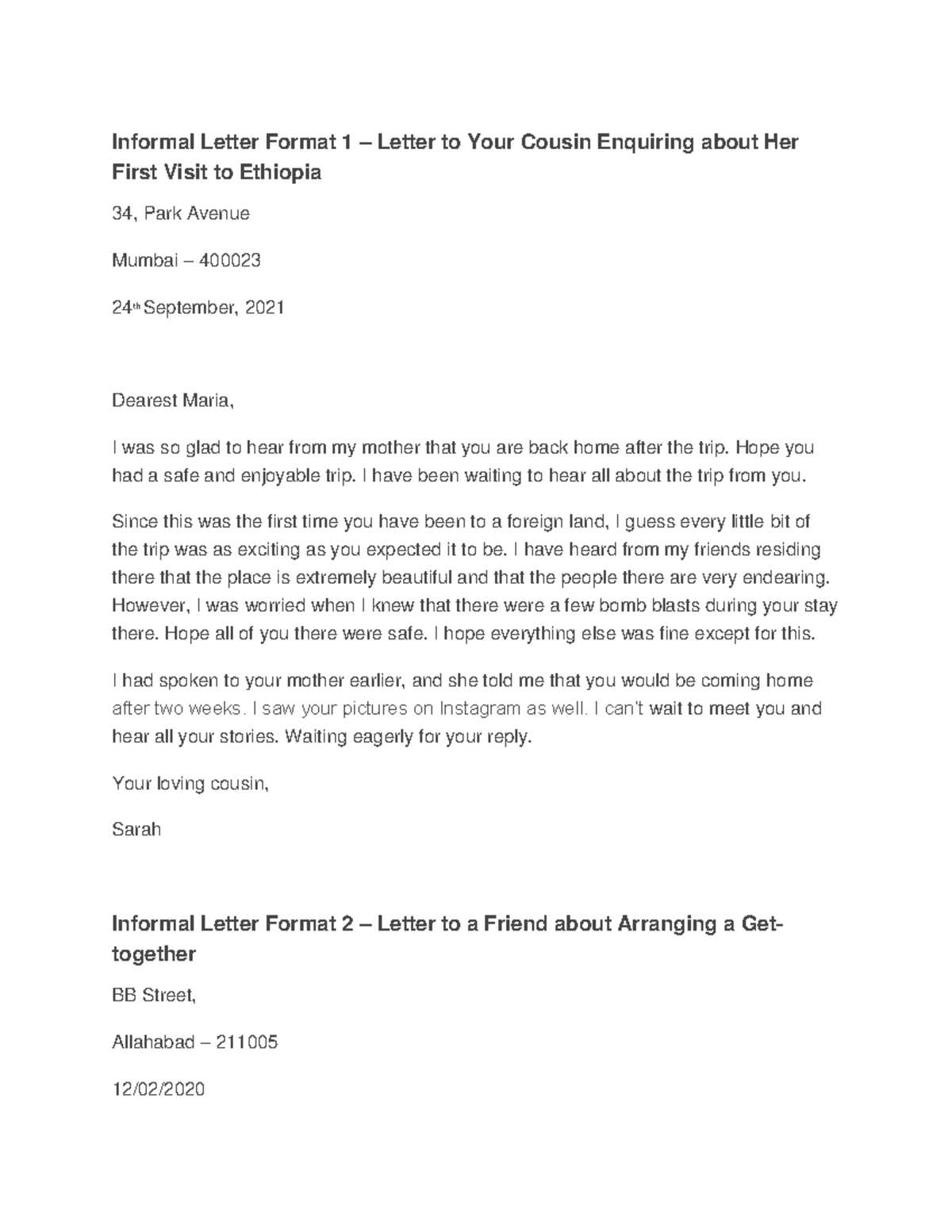 Informal Letter Examples - Informal Letter Format 1 – Letter to Your ...
