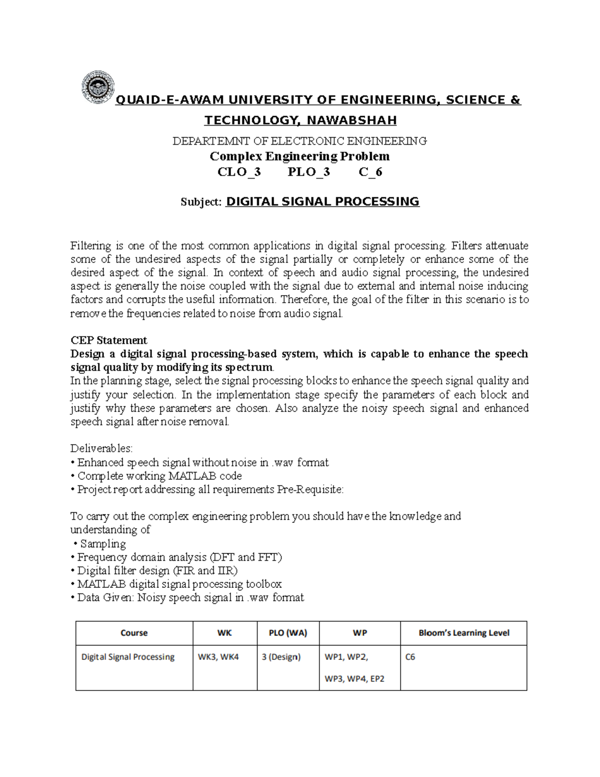 CEP DSP 1 - Digital processing - QUAID-E-AWAM UNIVERSITY OF ENGINEERING, SCIENCE & TECHNOLOGY ...
