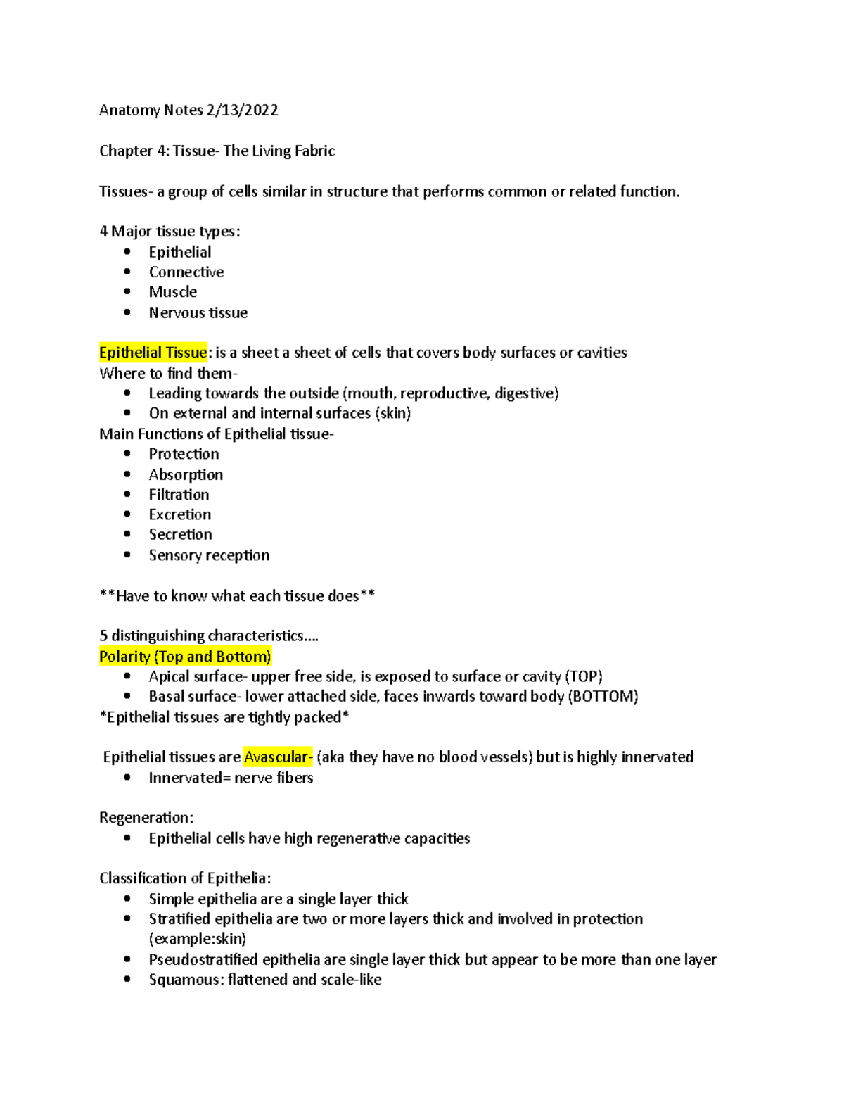 Anatomy and physiology notes - Anatomy Notes 2/13/ Chapter 4: Tissue ...