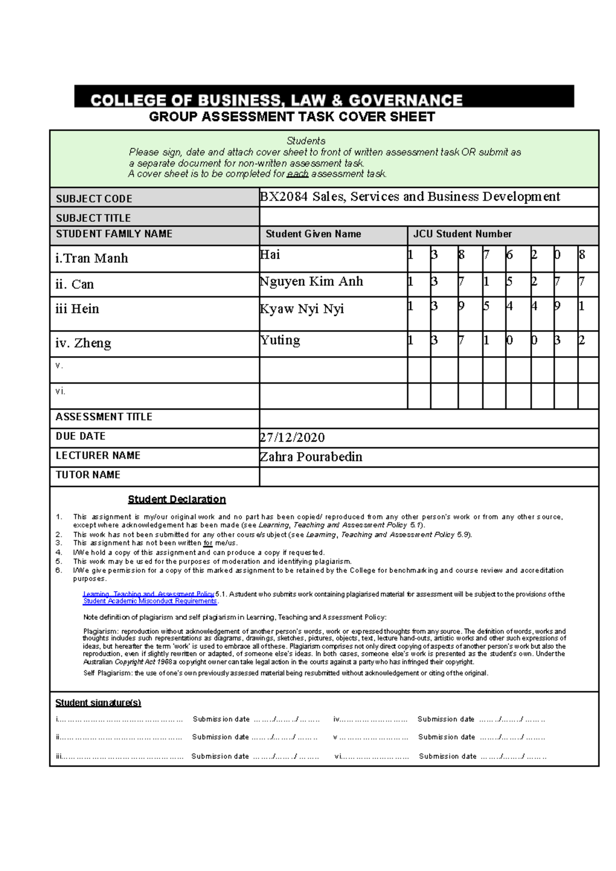 BX2084 Assignment 2 new 1 - GROUP ASSESSMENT TASK COVER SHEET Students ...