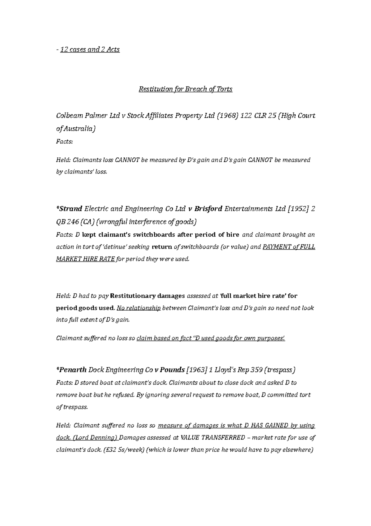 Restitution cases - 12 cases and 2 Acts Restitution for Breach of Torts ...