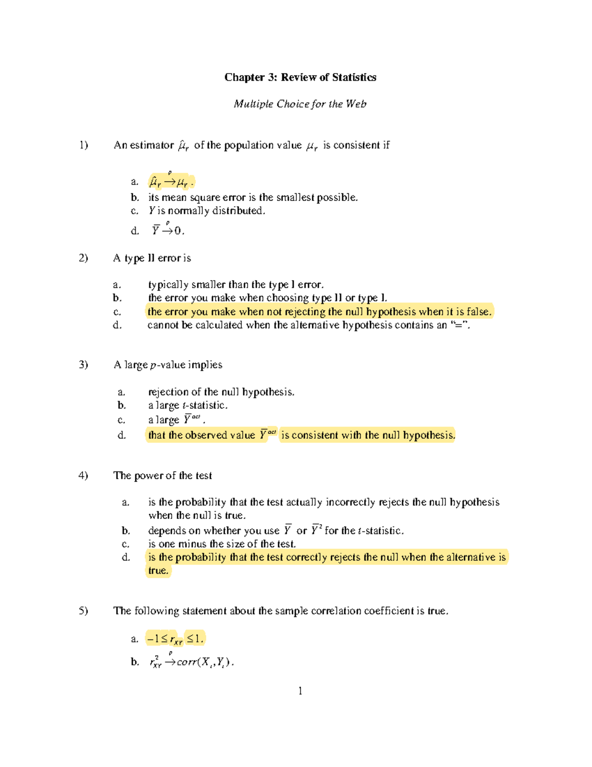Ch03quiz - 1 Chapter 3: Review of Statistics Multiple Choice for the ...