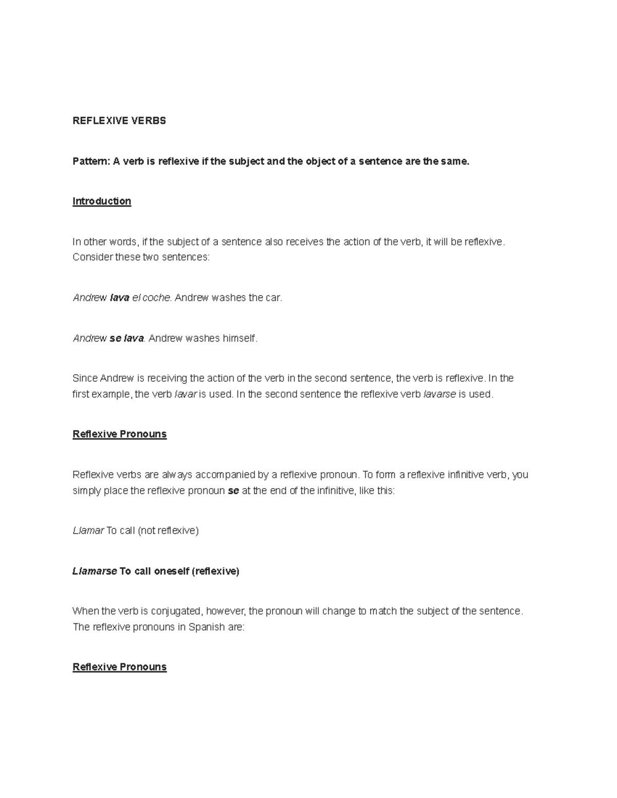 Reflexive Verbs - Here are some notes that you can use. - REFLEXIVE ...