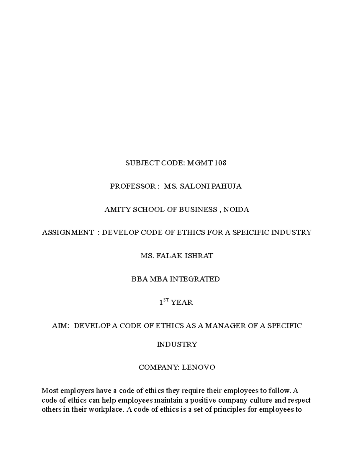 Code of ethics assignment - SUBJECT CODE: MGMT 108 PROFESSOR : MS ...