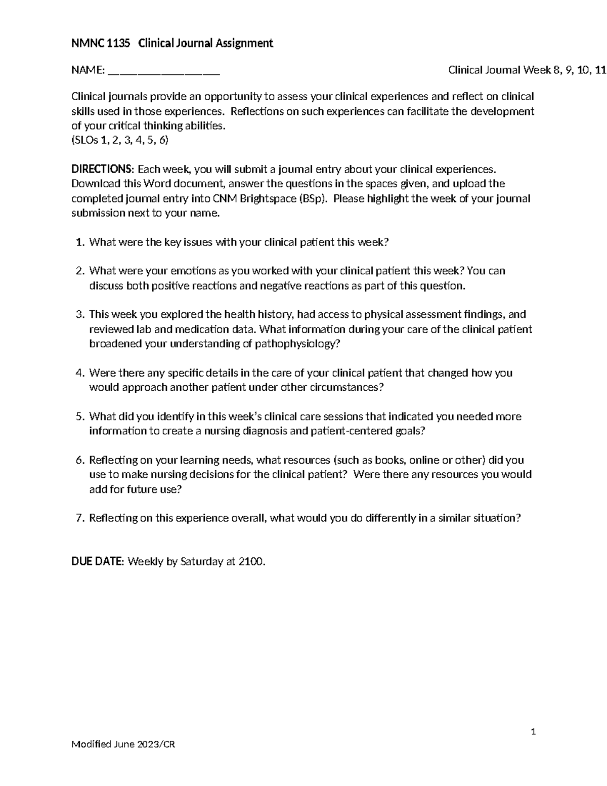 1135 Clinical Journal - NMNC 1135 Clinical Journal Assignment NAME ...