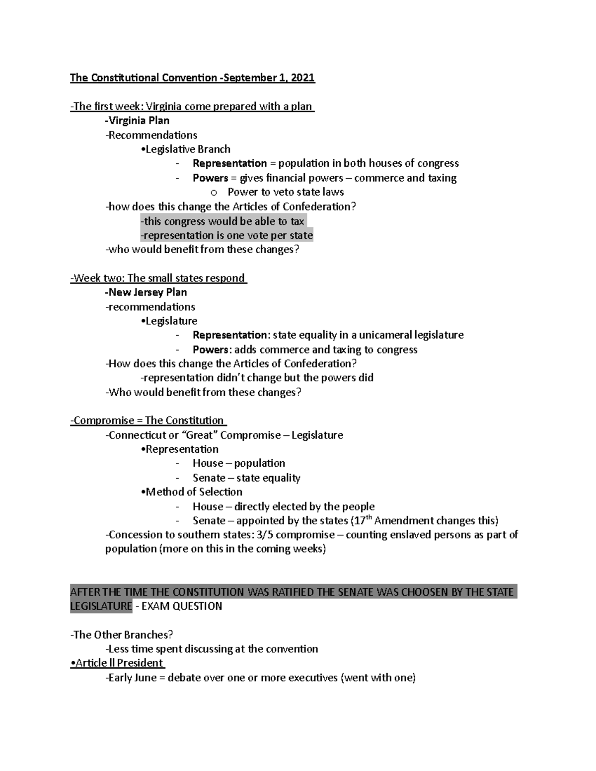 9-1-21 lecture notes - The Constitutional Convention -September 1, 2021 ...