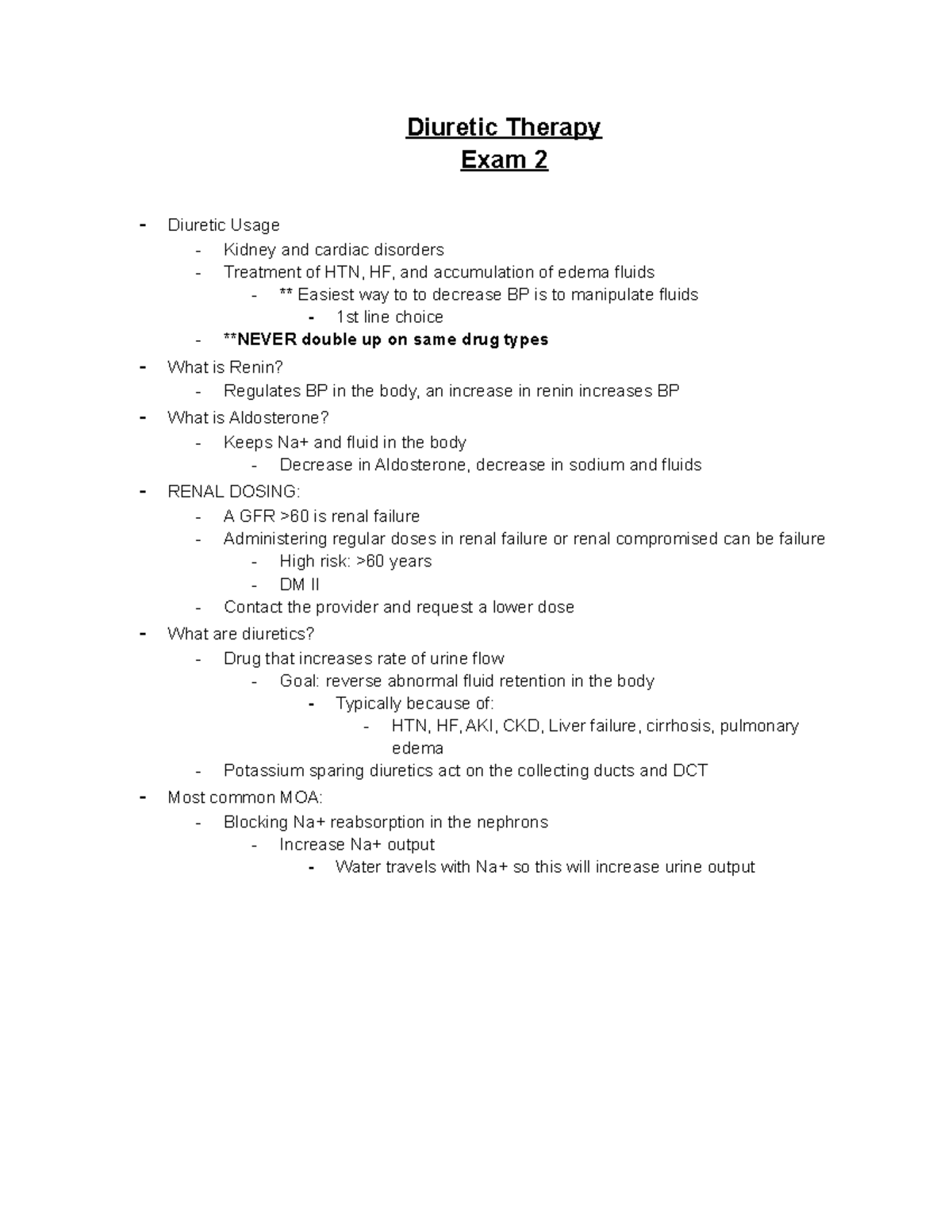 Diuretic Therapy - Diuretic Therapy Exam 2 - Diuretic Usage Kidney and ...