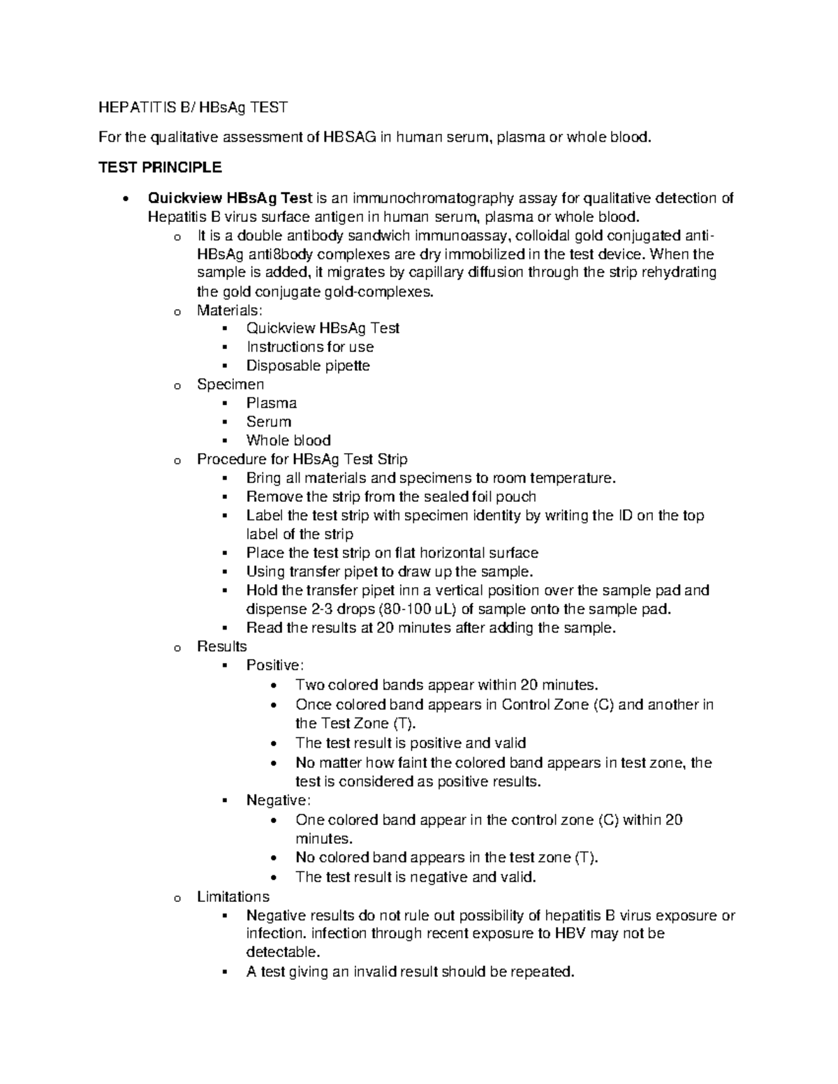Hepatitis B - Lecture notes 1-10 - HEPATITIS B/ HBsAg TEST For the ...