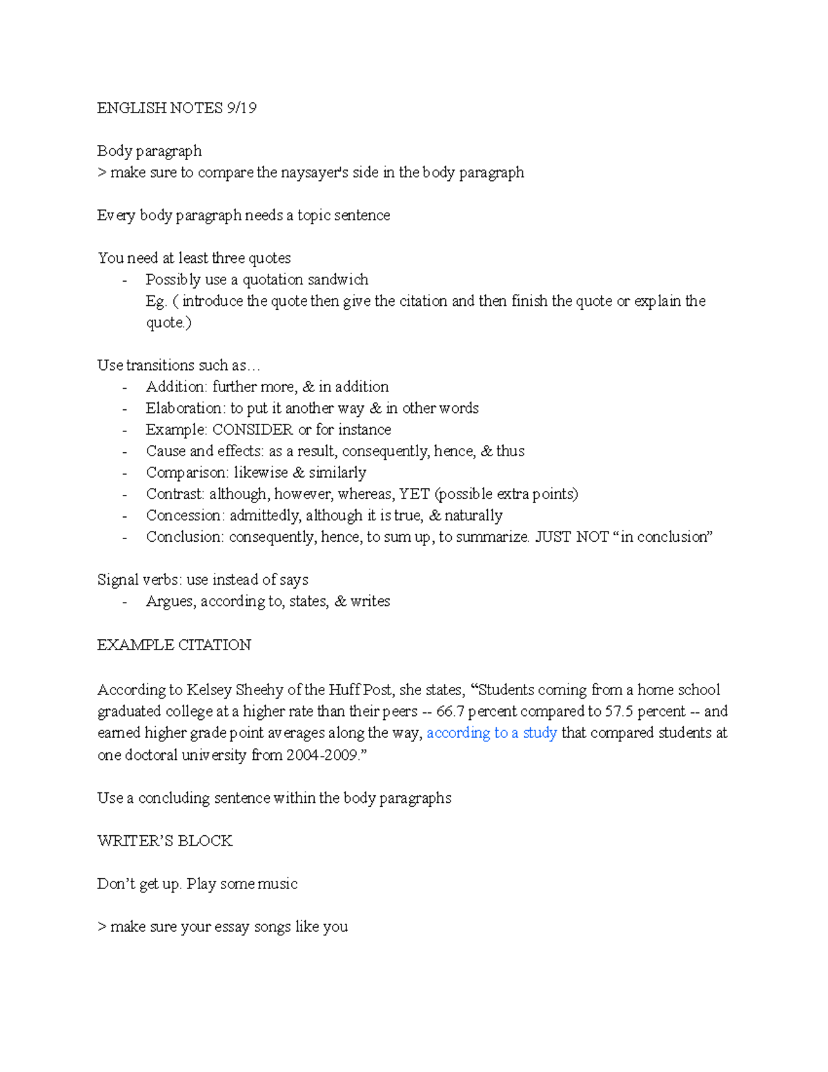 English 101.5 week 3 - ENGLISH NOTES 9/ Body paragraph make sure to ...