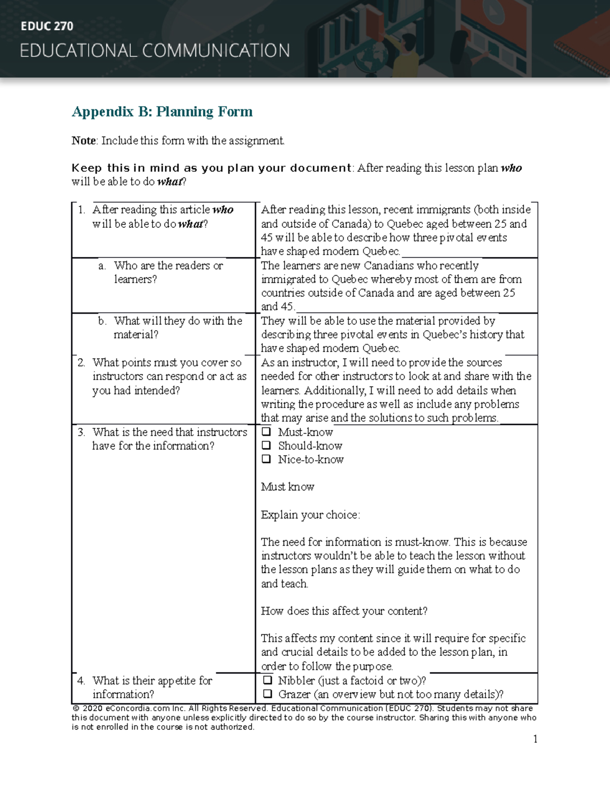 Education 270 - Assignment - Appendix B: Planning Form Note : Include ...