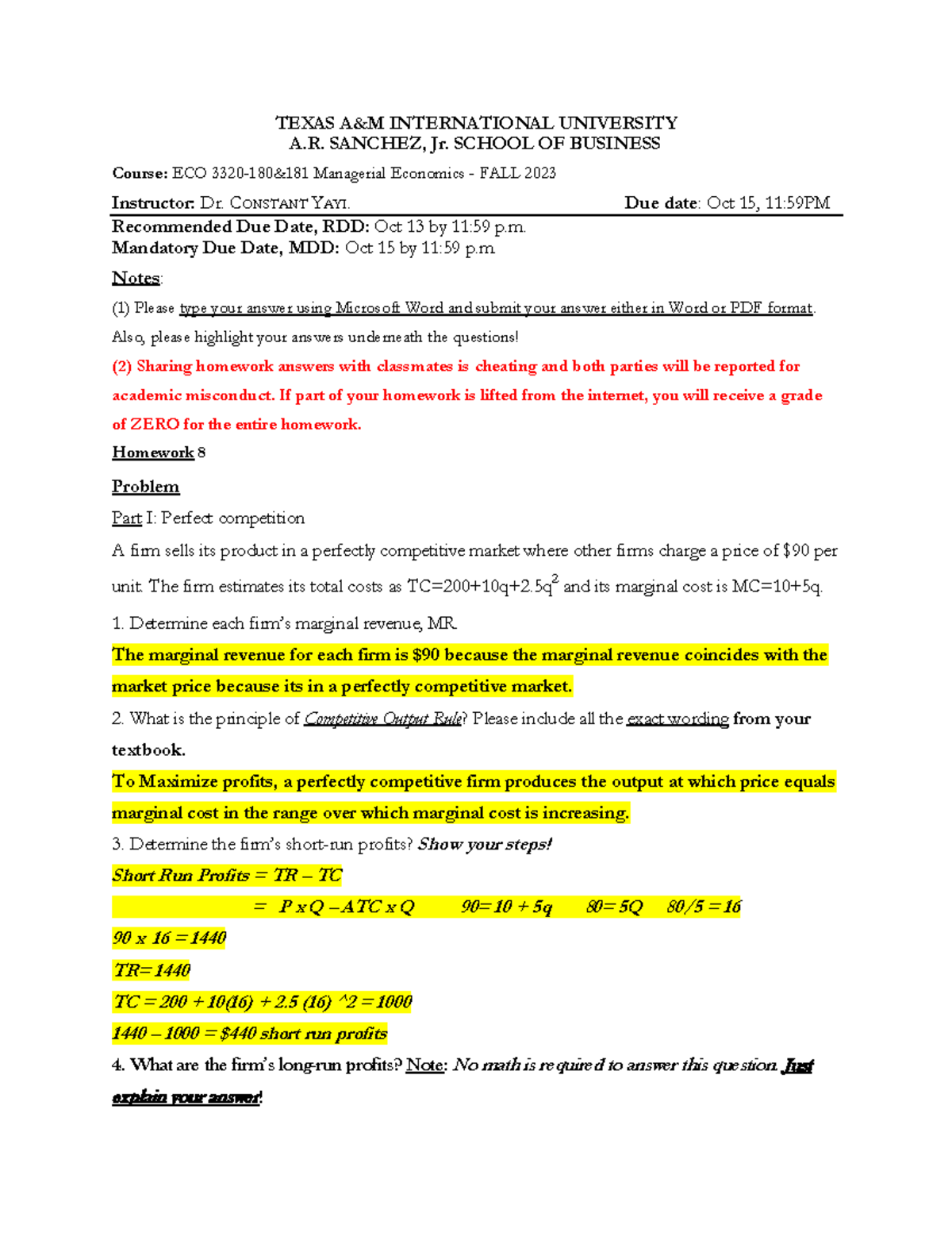 Problem Set 8 - TEXAS A&M INTERNATIONAL UNIVERSITY A. SANCHEZ, Jr. SCHOOL OF BUSINESS Course ...
