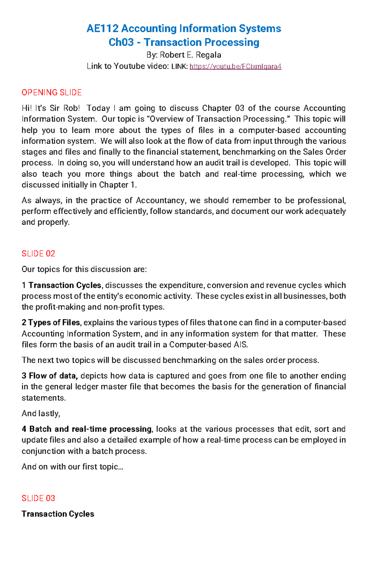 Ch03 Transaction Processing - AE112 Accounting Information Systems Ch03 ...