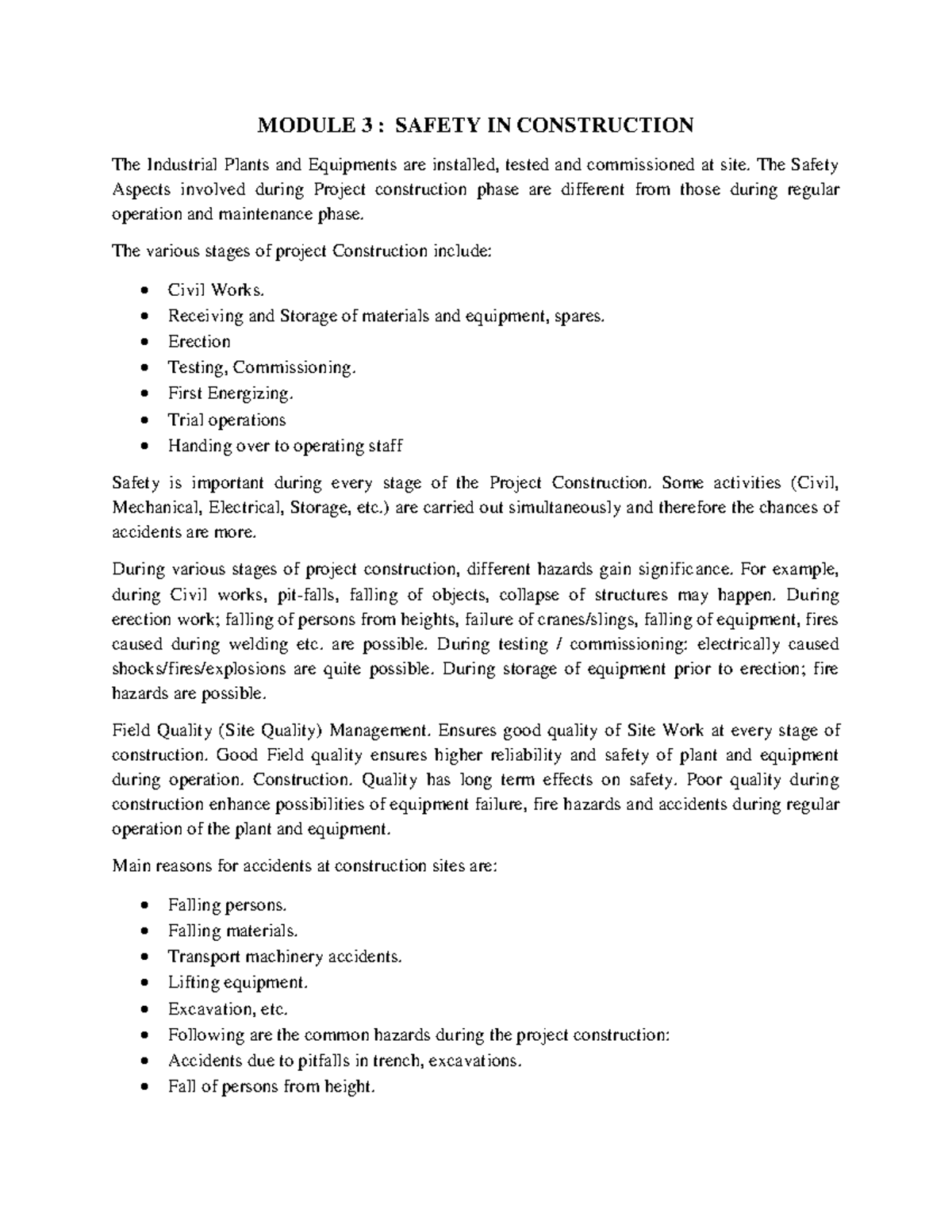 ISE CHAP4 - ISE MODULE 4 NOTES - MODULE 3 : SAFETY IN CONSTRUCTION The ...