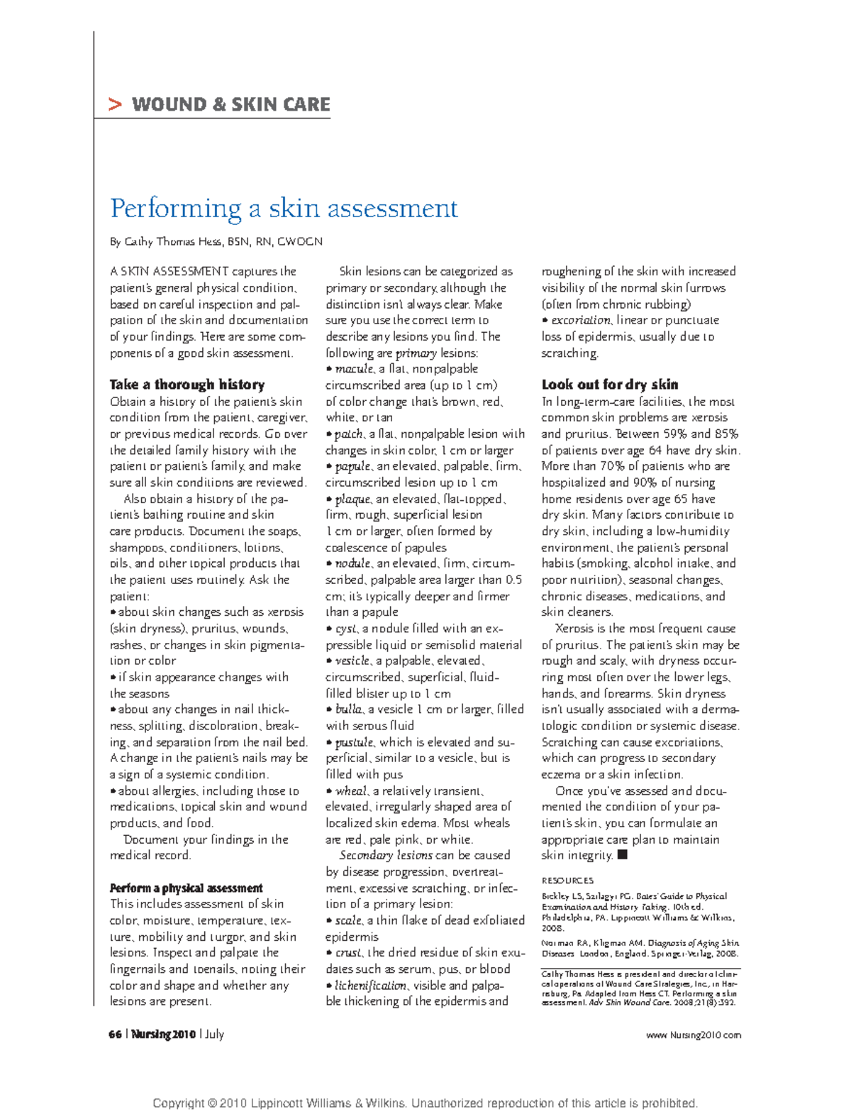 Performing a skin assessment - 66 l Nursing2010 l July Nursing2010 ...