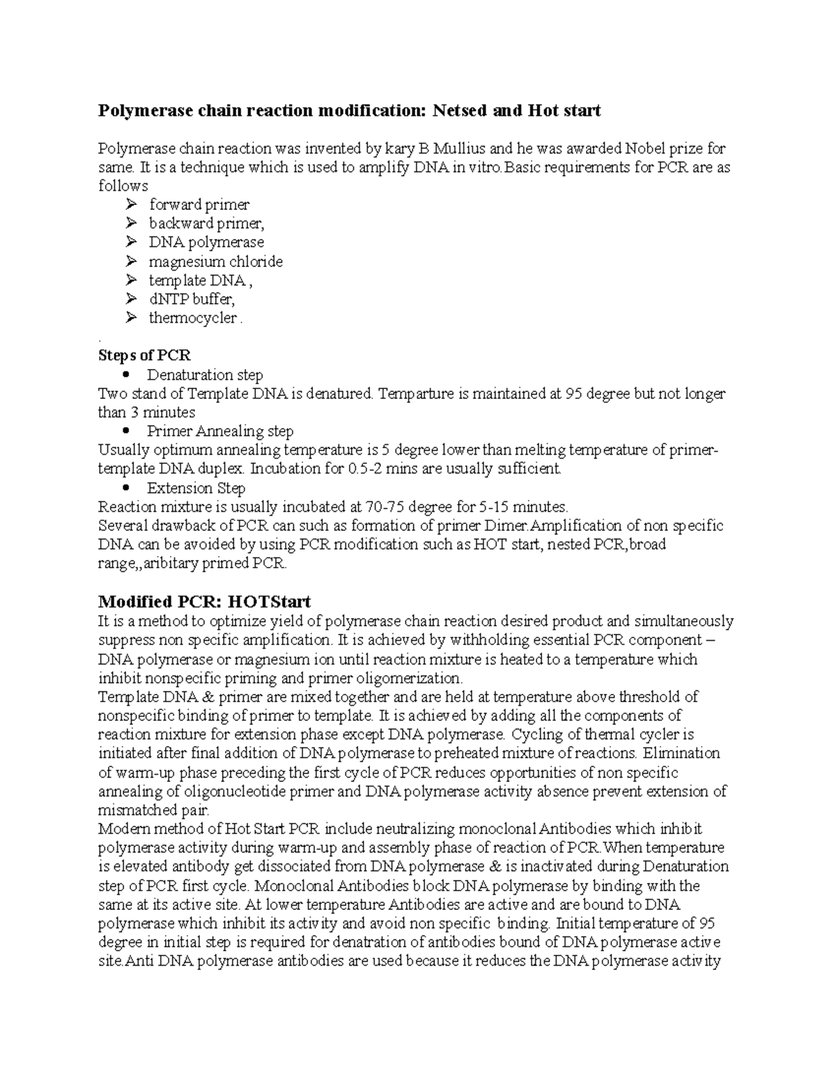 PCR modification Hot start and Nested PCR - Polymerase chain reaction ...