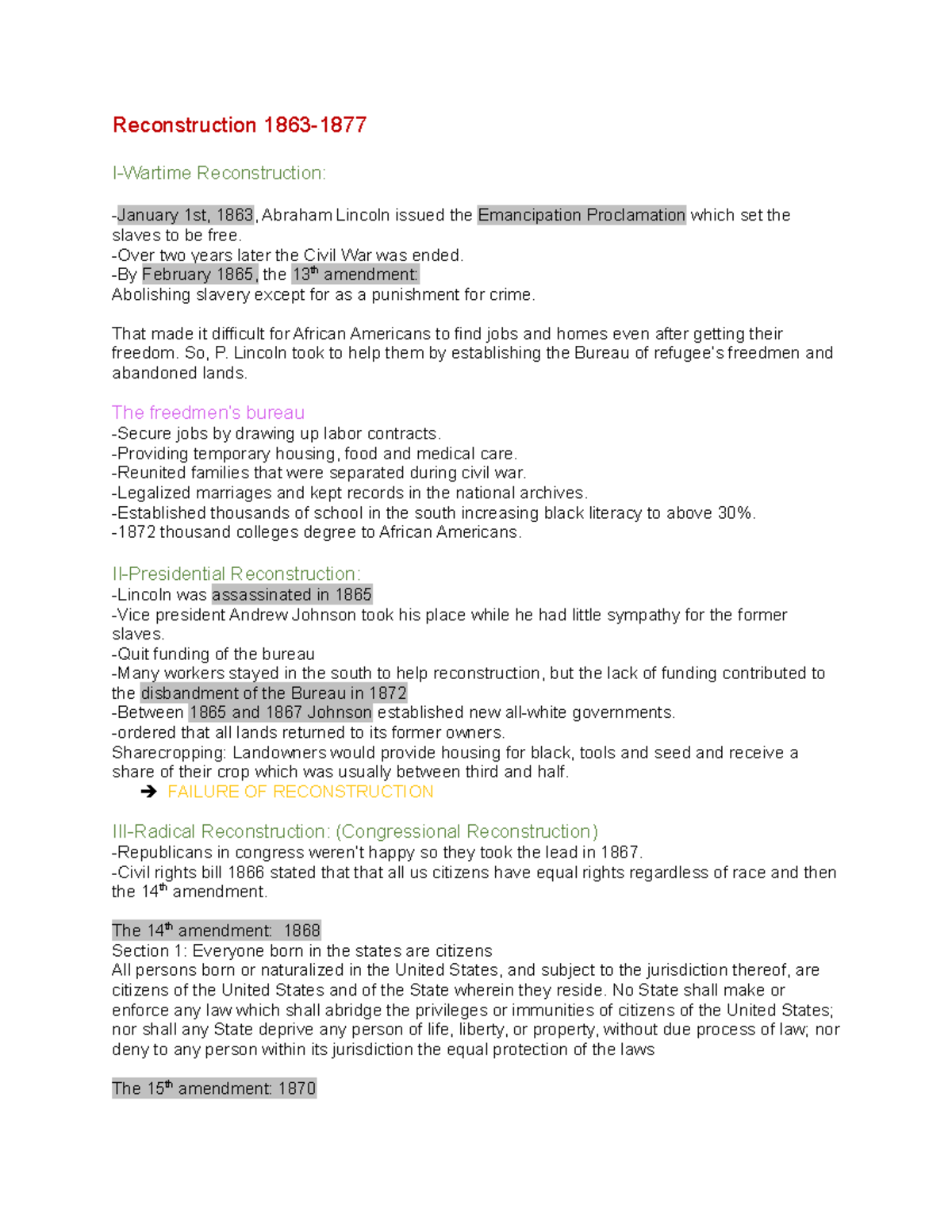 Reconstruction 1863-1877 Lecture Notes - Reconstruction 1863- I-Wartime ...