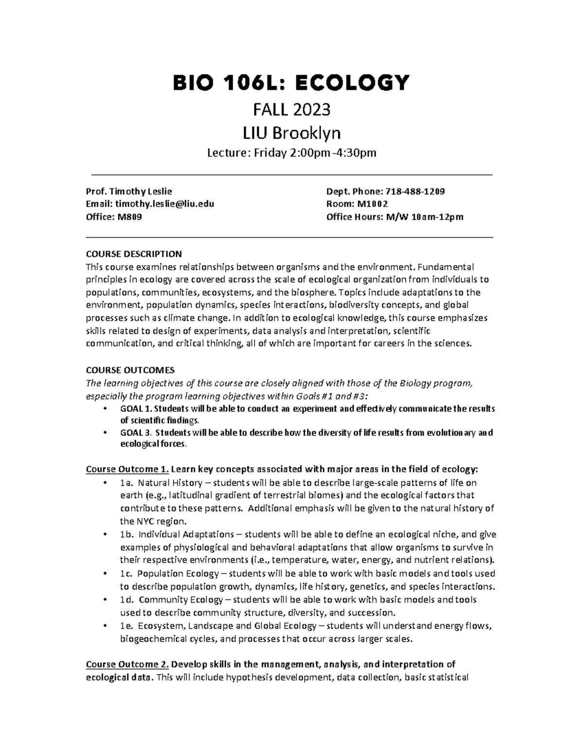 Fall 2023 Bio106L Syllabus - BIO 106L: ECOLOGY FALL 2023 LIU Brooklyn ...