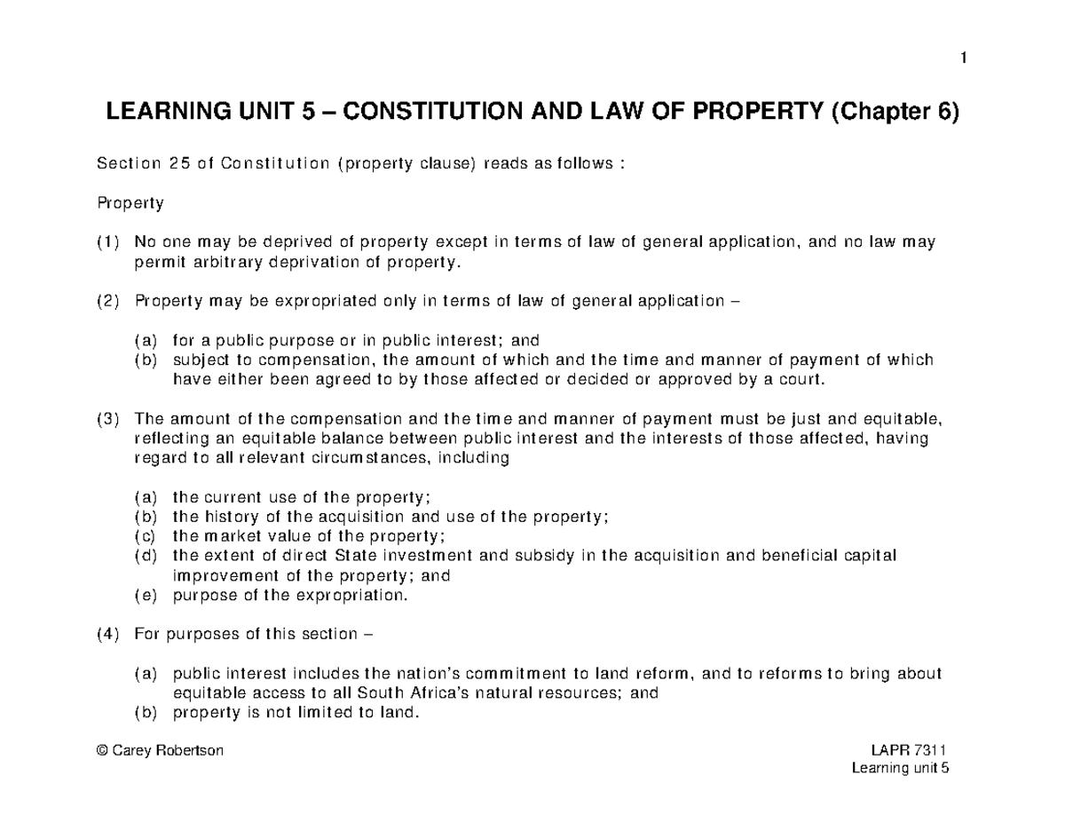 LAW of Property 7311 LU5 - © Carey Robertson LAPR 7311 LEARNING UNIT 5 – CONSTITUTION AND LAW OF ...