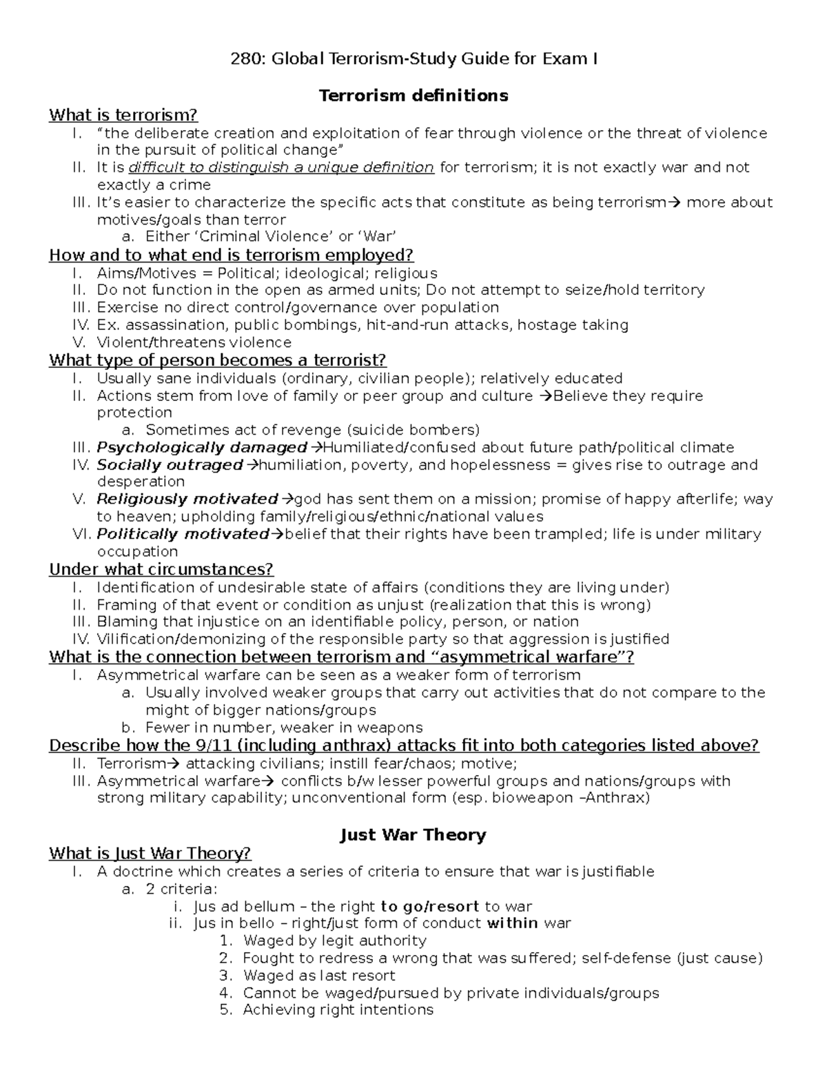 Exam 1 Study Guide - 280: Global Terrorism-Study Guide for Exam I ...