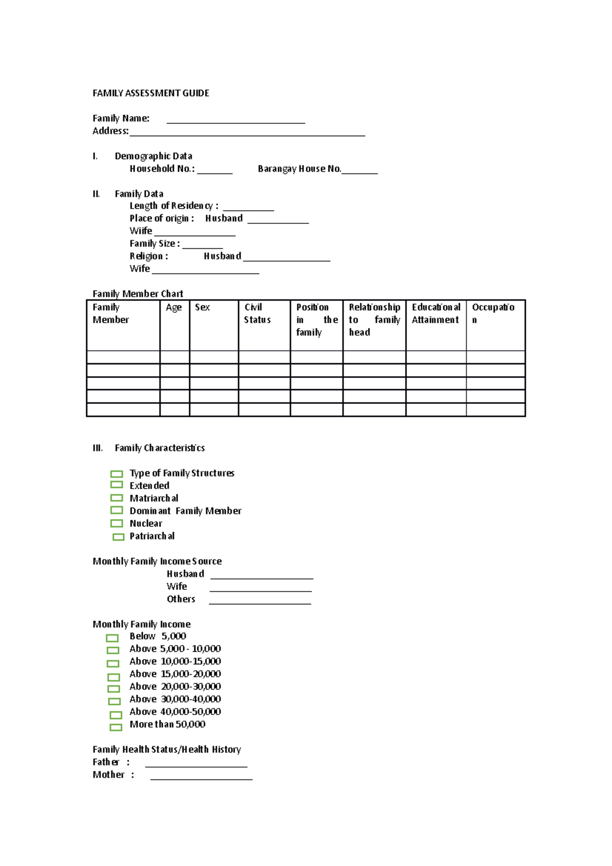 Family Assessment Guide - FAMILY ASSESSMENT GUIDE Family Name
