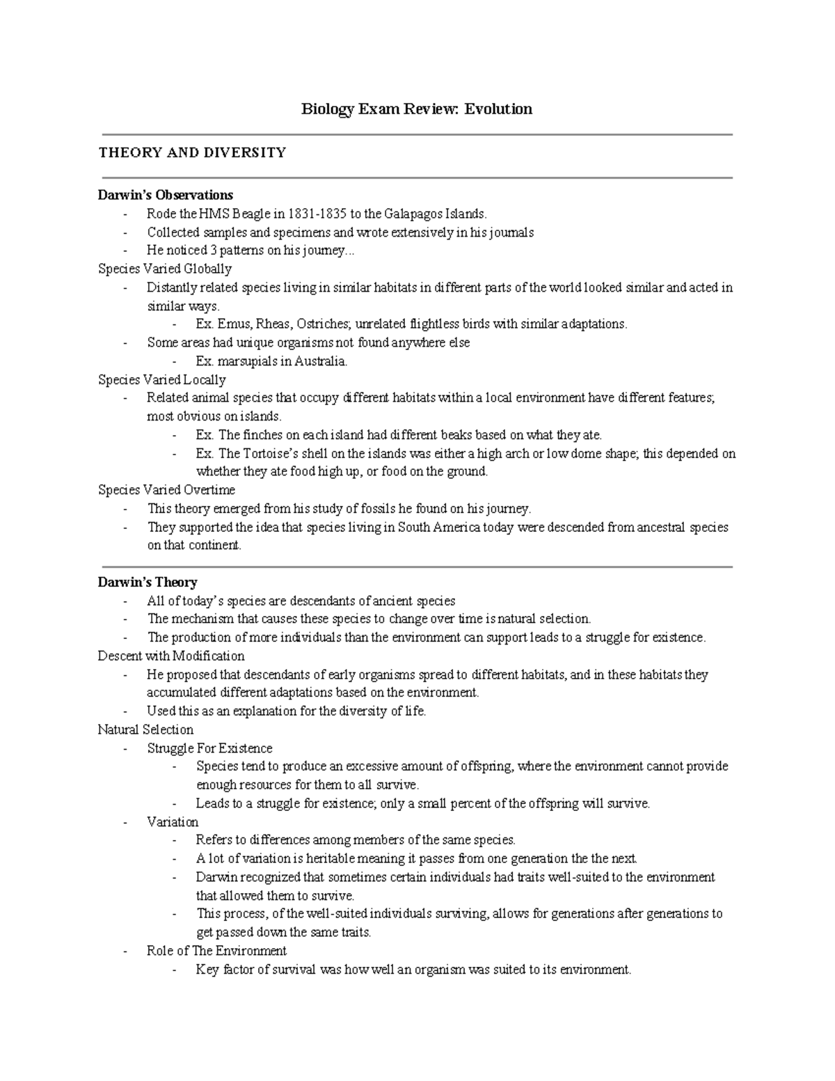 Biology EXAM - Evolution - Biology Exam Review: Evolution THEORY AND ...