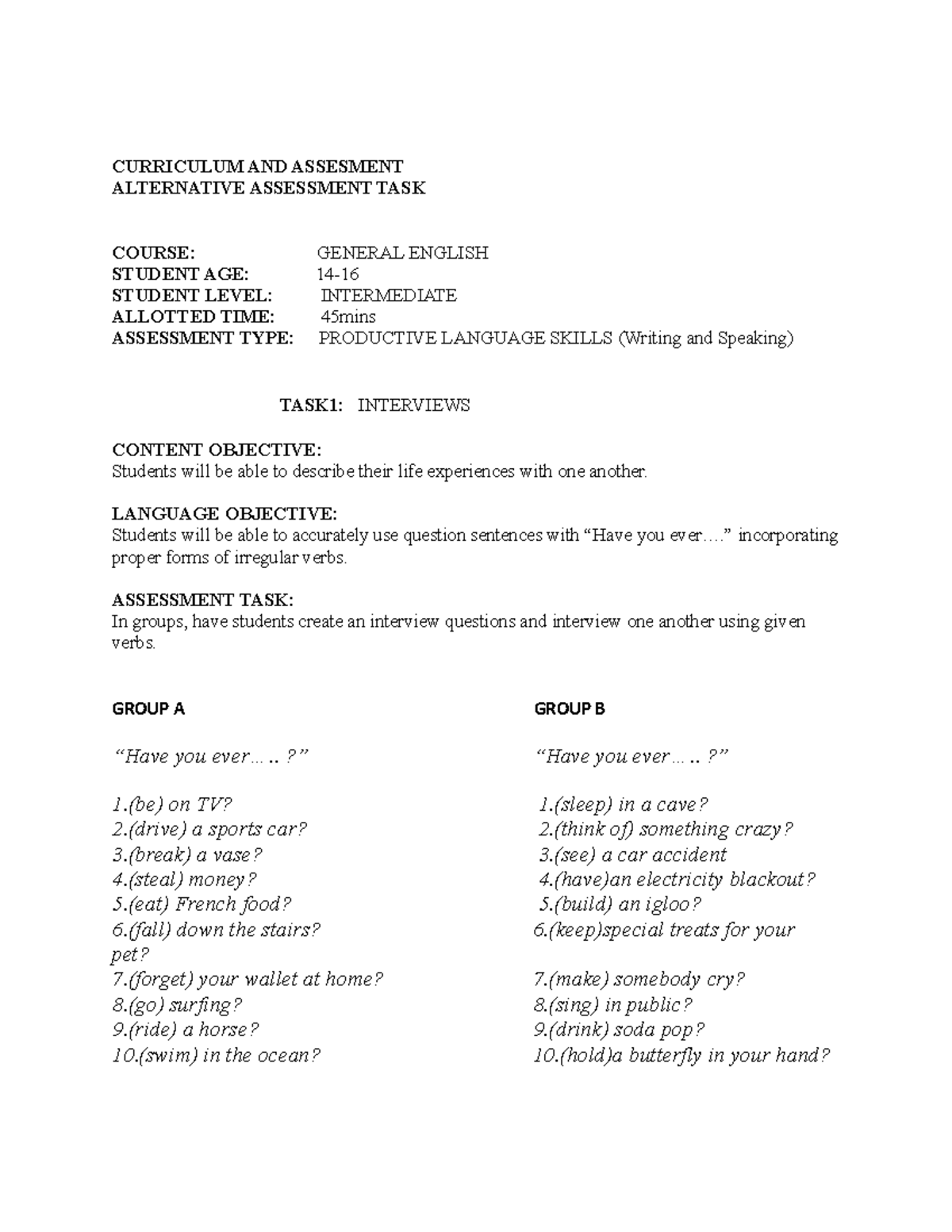 Alternative Assesment - CURRICULUM AND ASSESMENT ALTERNATIVE ASSESSMENT ...