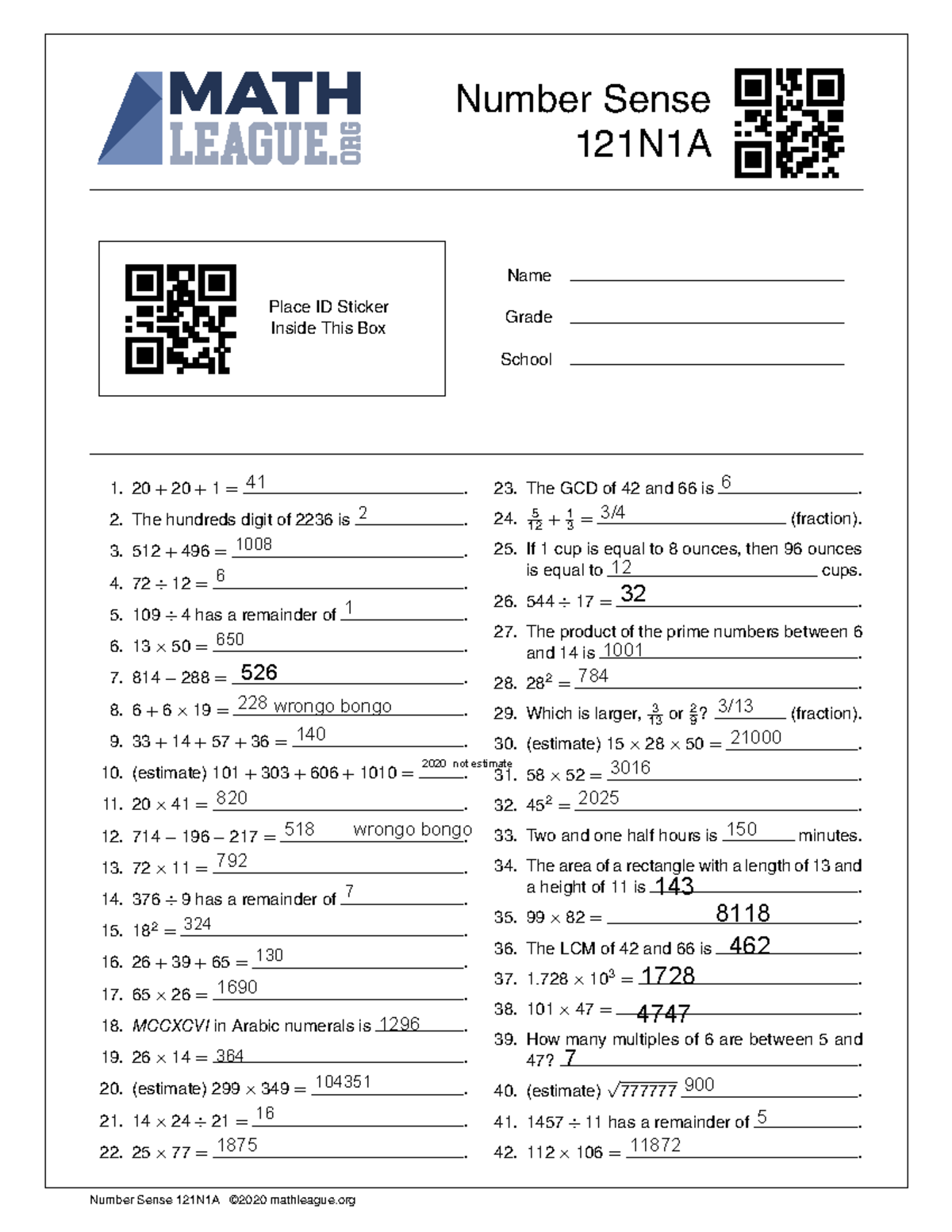 Number Sense - intro - Number Sense 121N1A Place ID Sticker Inside This ...