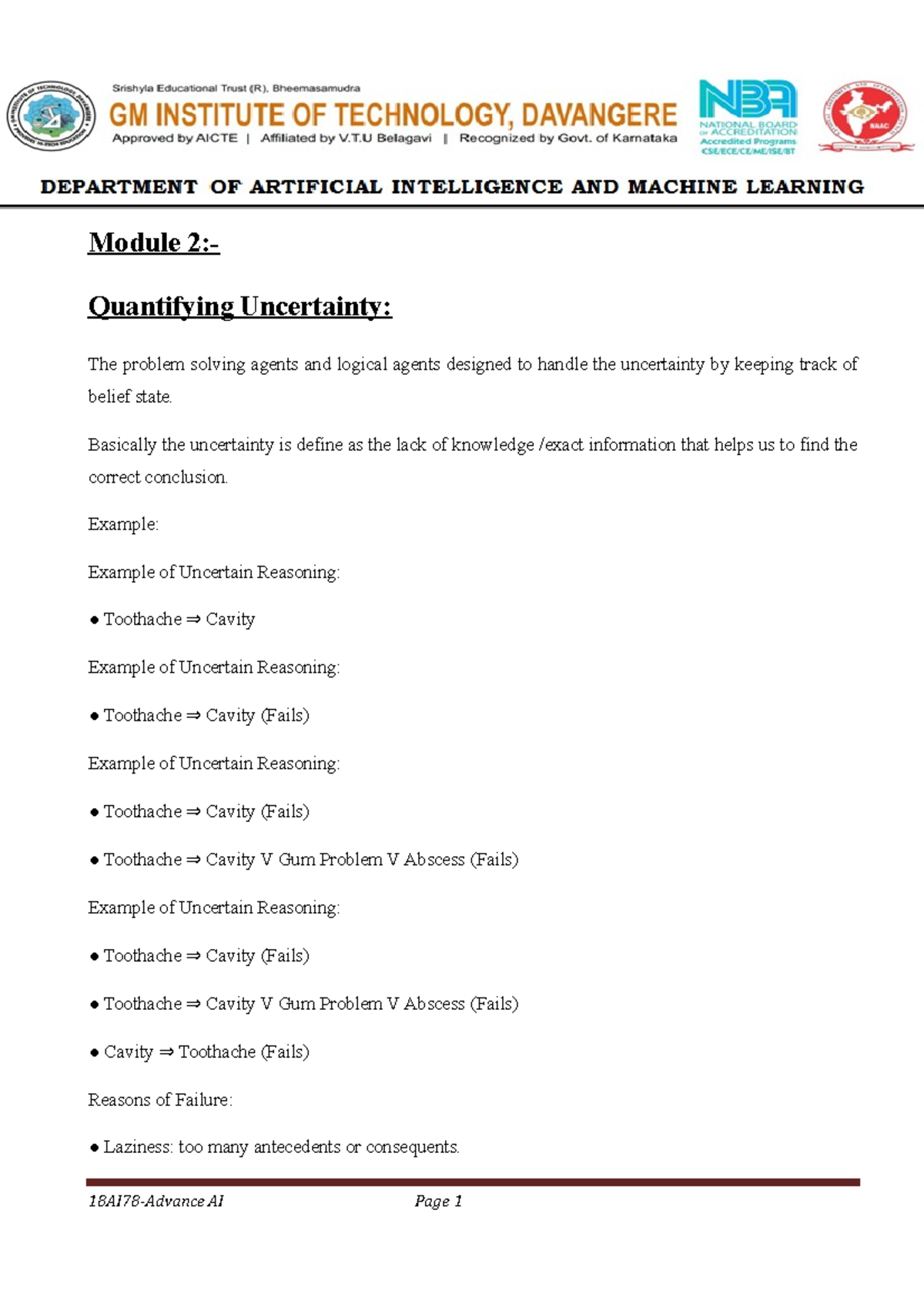 Module 2 - Module 2:- Quantifying Uncertainty: The problem solving agents and logical agents ...
