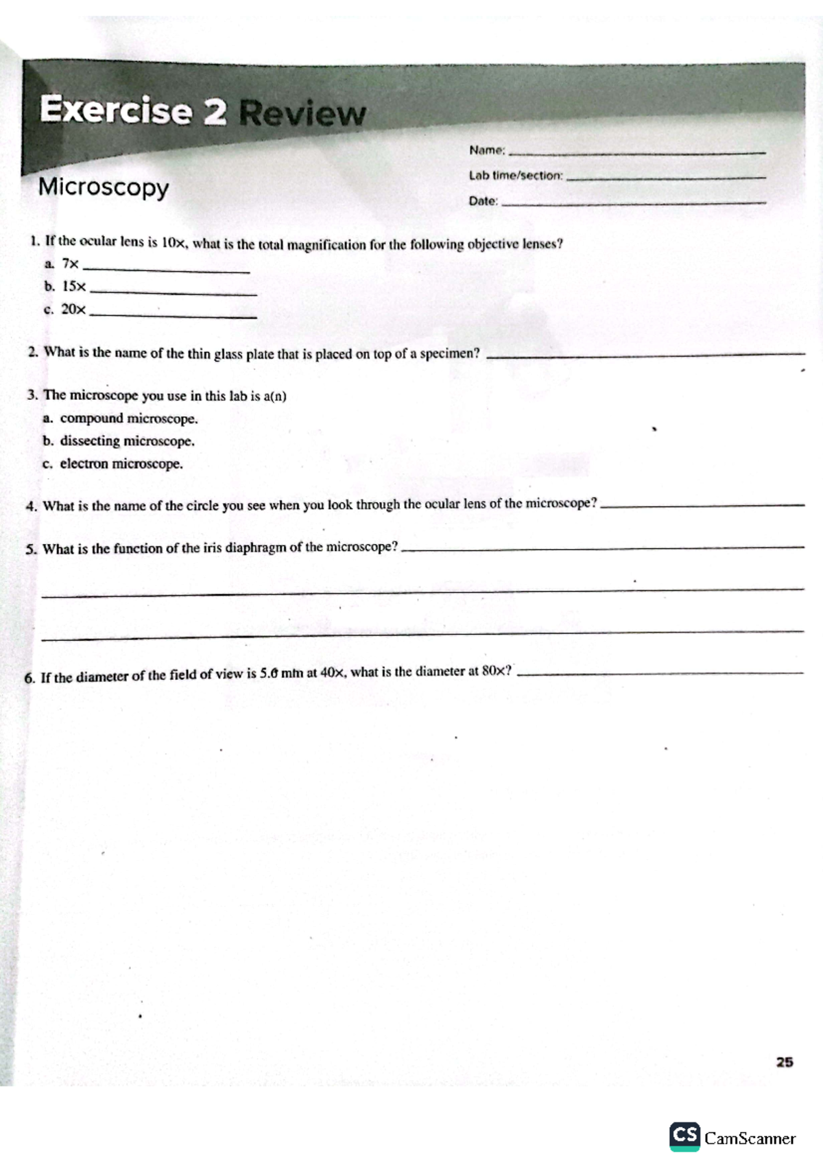 (1) Exercise 2 - Microscope - BIOLOGY BOTANY: Botany - CamScanner CamScanner - Studocu