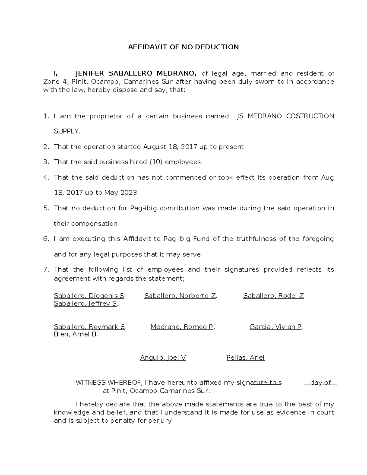 Affidavit OF NO Deduction - AFFIDAVIT OF NO DEDUCTION I, JENIFER ...