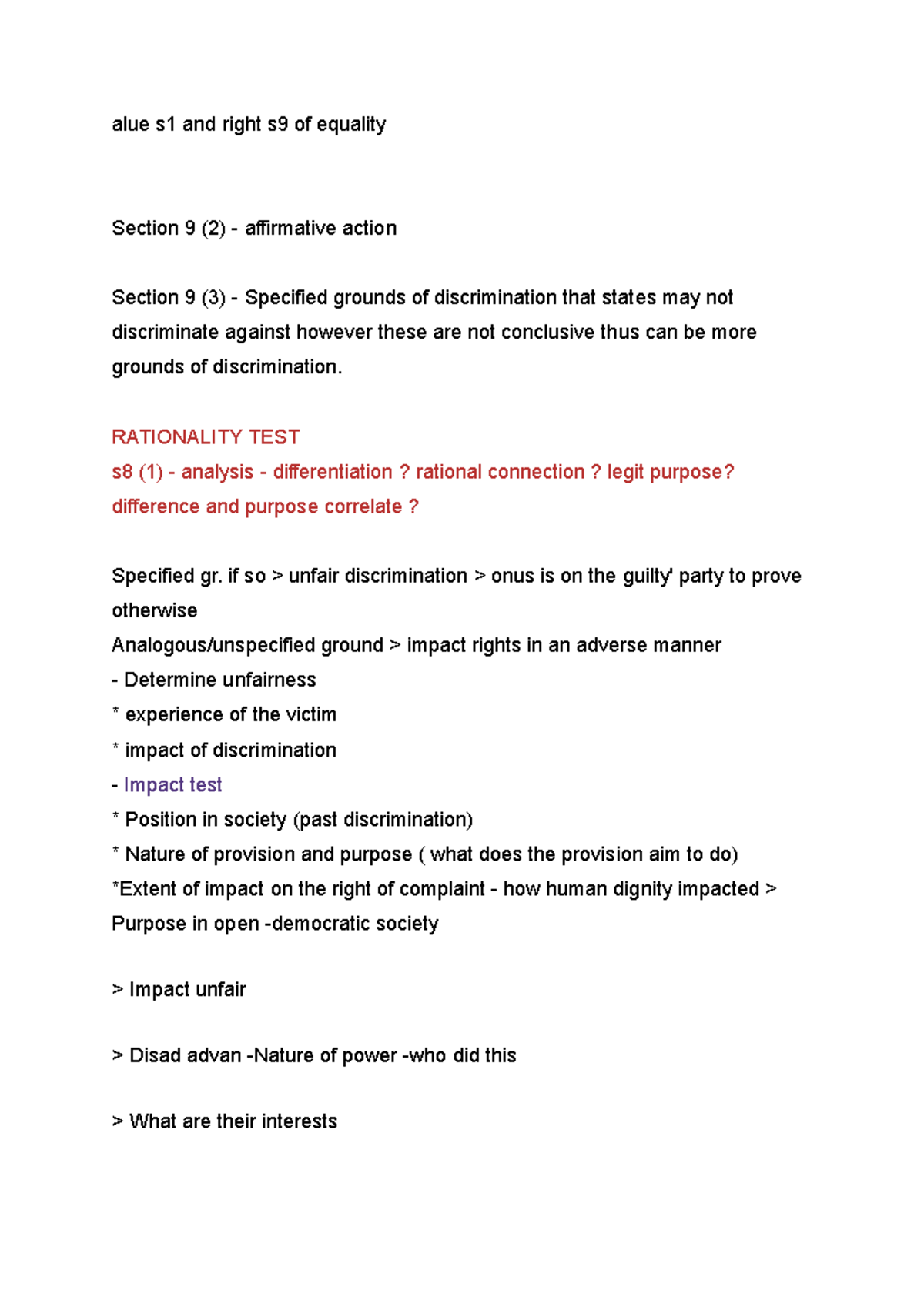 Constitutional Law - alue s1 and right s9 of equality Section 9 (2 ...