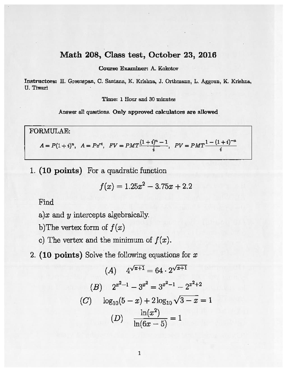 Midterm 1 March Fall 2016, questions and answers - MATH 208 - Warning: decodeScan - unexpected ...