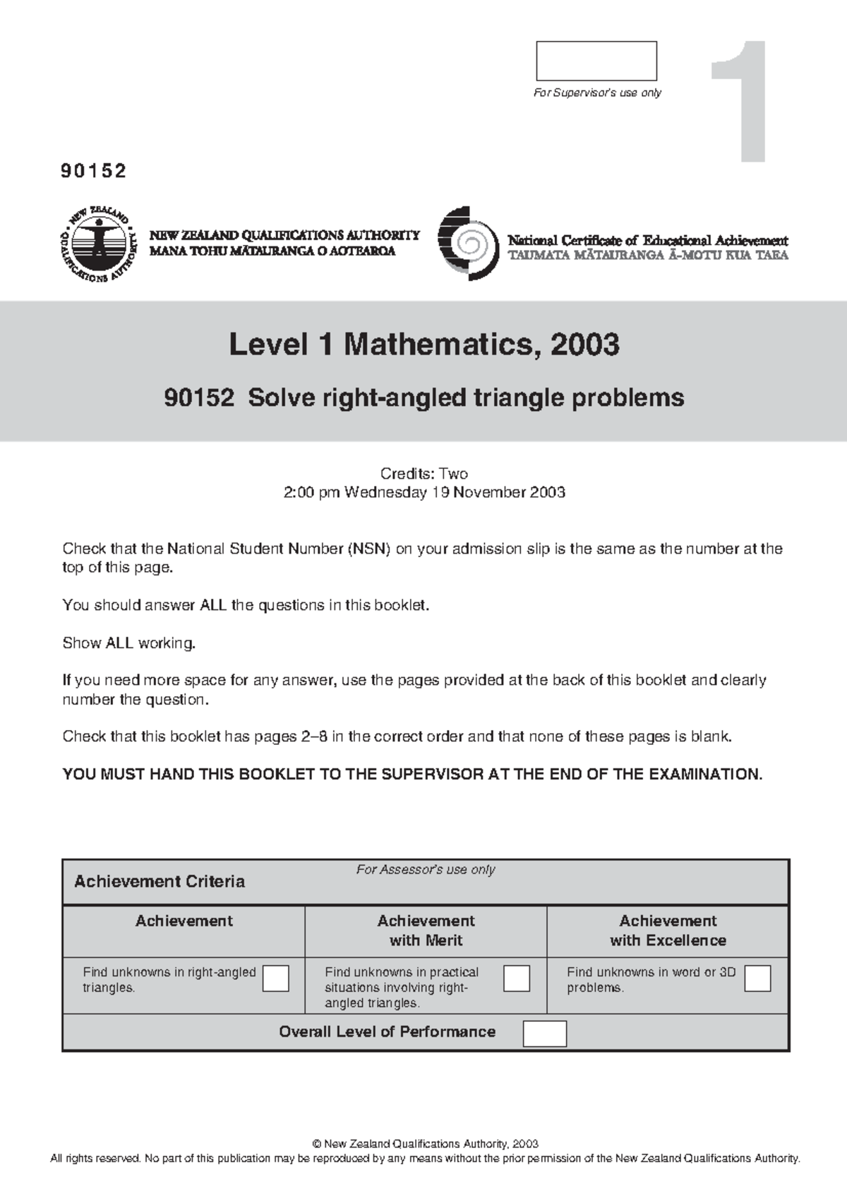 90152-exm-03 - des - Level 1 Mathematics, 2003 90152 Solve right-angled ...