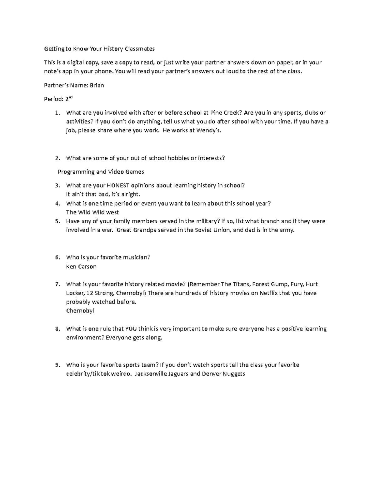 Getting+to+Know+Classmates+PC - Getting to Know Your History Classmates ...